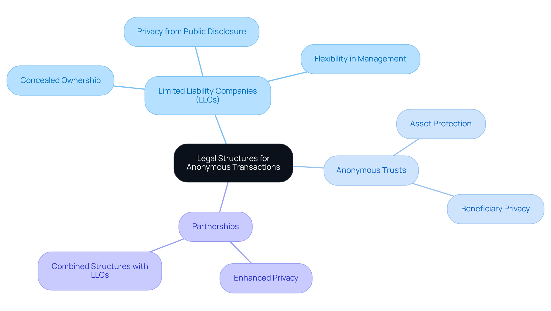 Start at the center with the main topic, then explore each branch to understand the different legal structures and their benefits for maintaining anonymity in private investments. Start at the center with the main topic, then explore each branch to understand the different legal structures and their benefits for maintaining anonymity in private investments.