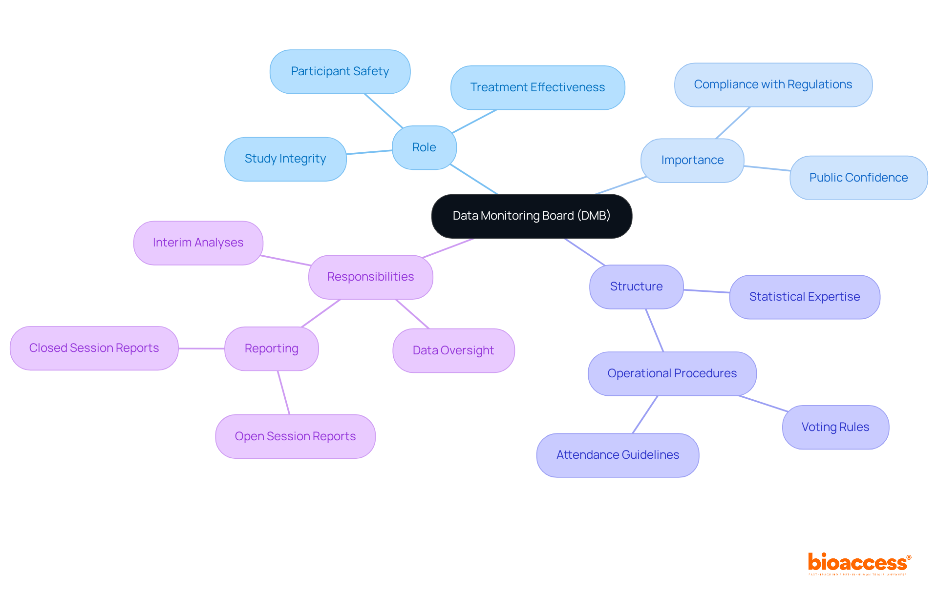 The center represents the Data Monitoring Board, with branches showing its key roles and responsibilities. Each color-coded branch helps you see how different aspects contribute to the overall function of the DMB.
