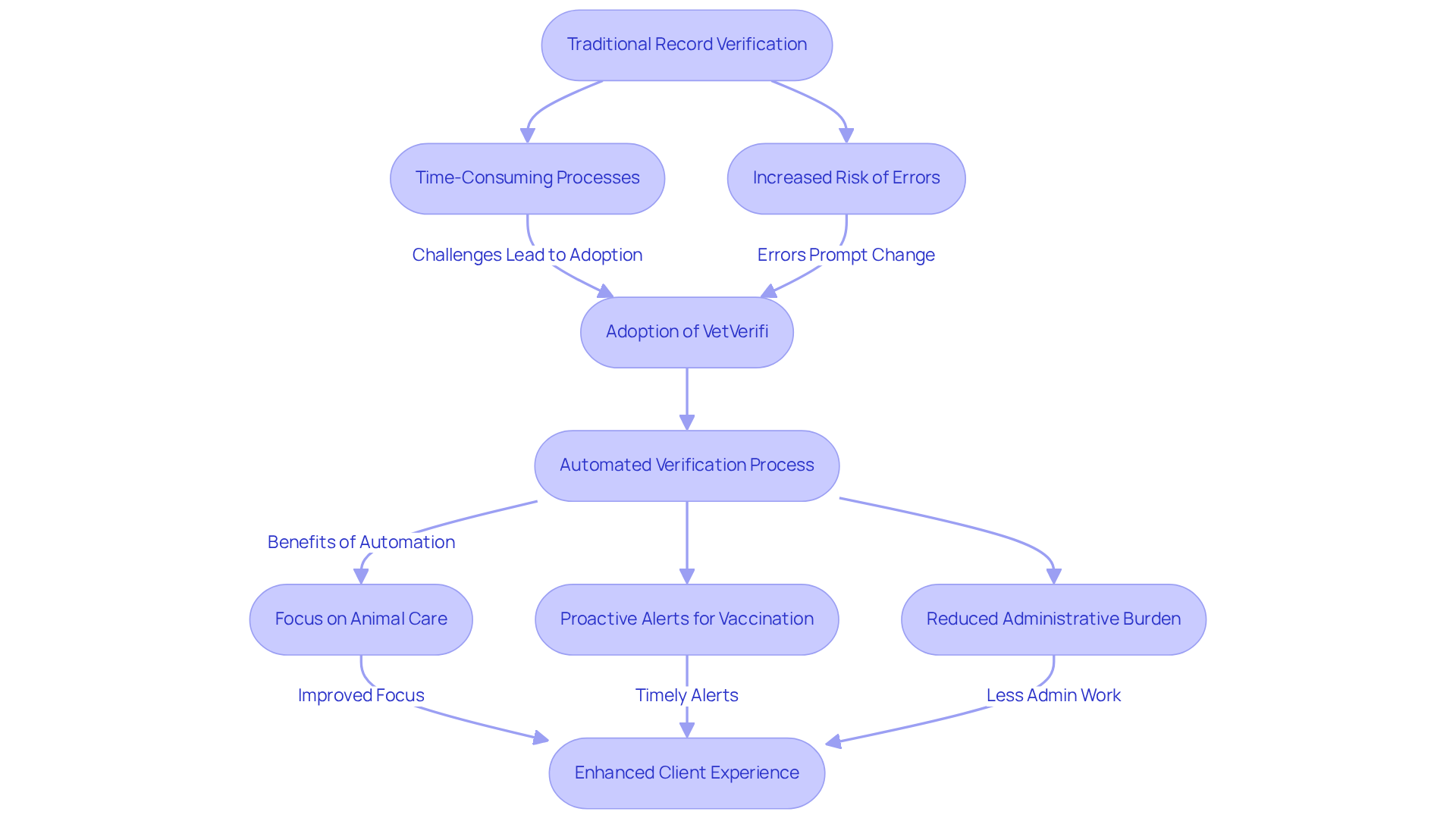 Follow the arrows to see how the process evolves from traditional methods to automation, highlighting the benefits at each step. Each box represents a stage in the workflow, showing how VetVerifi improves efficiency and client satisfaction.