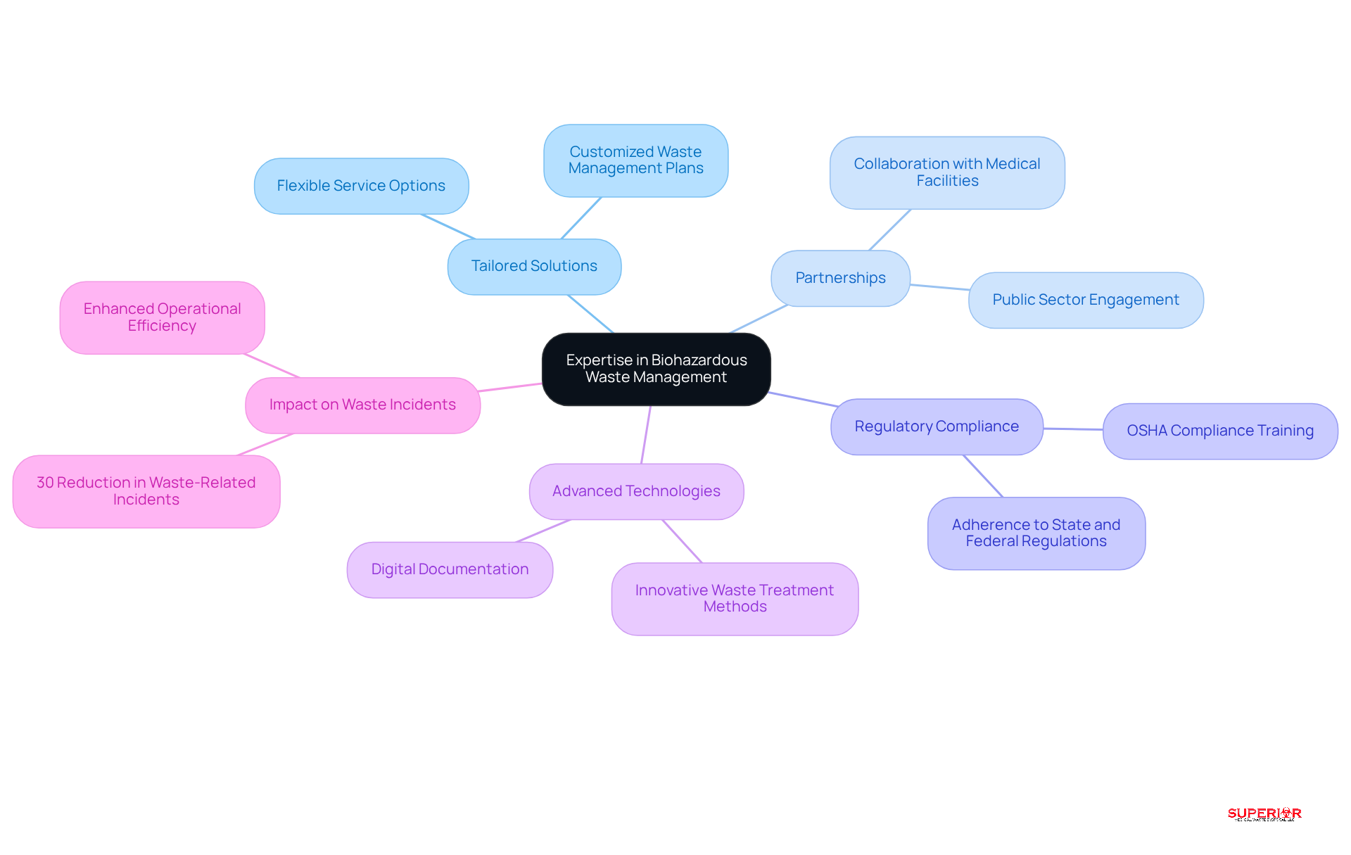 The central node represents the main topic, while the branches show different aspects of their expertise. Each sub-branch provides more details, helping you understand how they contribute to effective waste management.
