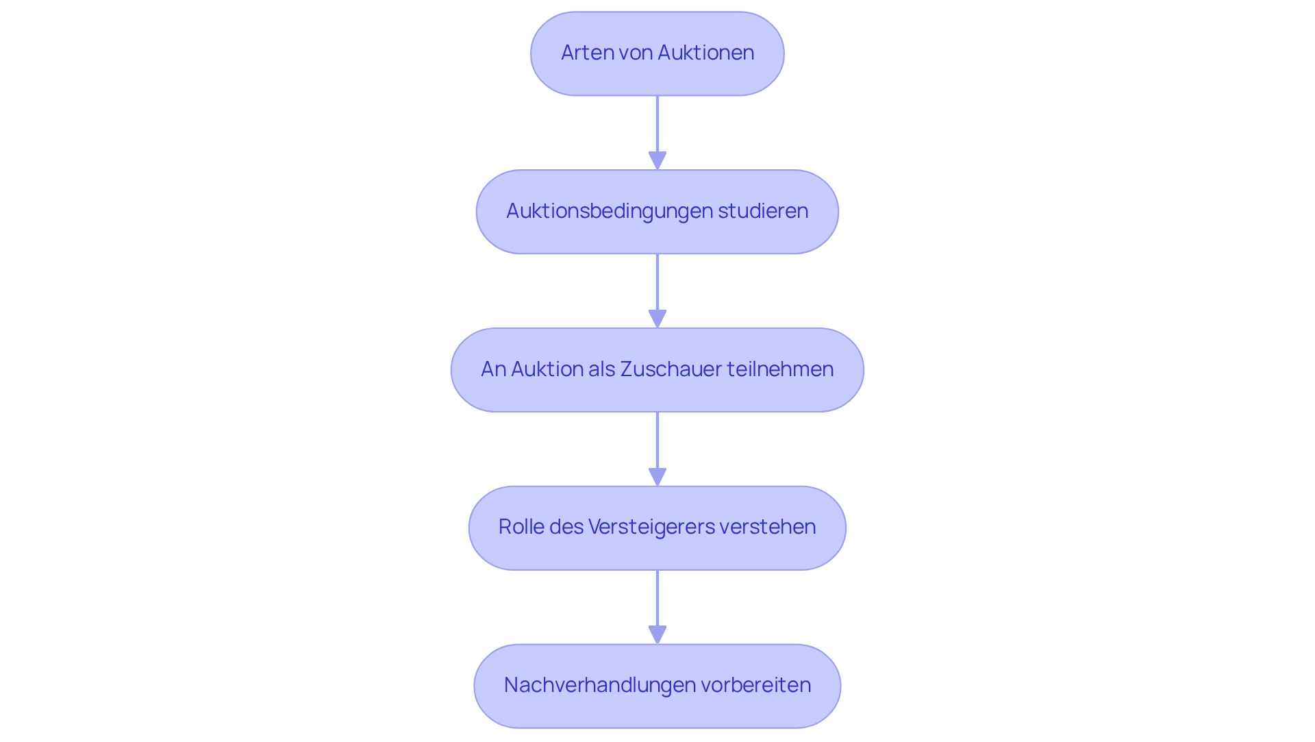 Jeder Schritt im Diagramm zeigt, was Sie tun müssen, um den Auktionsprozess zu verstehen. Folgen Sie den Pfeilen, um zu sehen, wie die Schritte zusammenhängen.