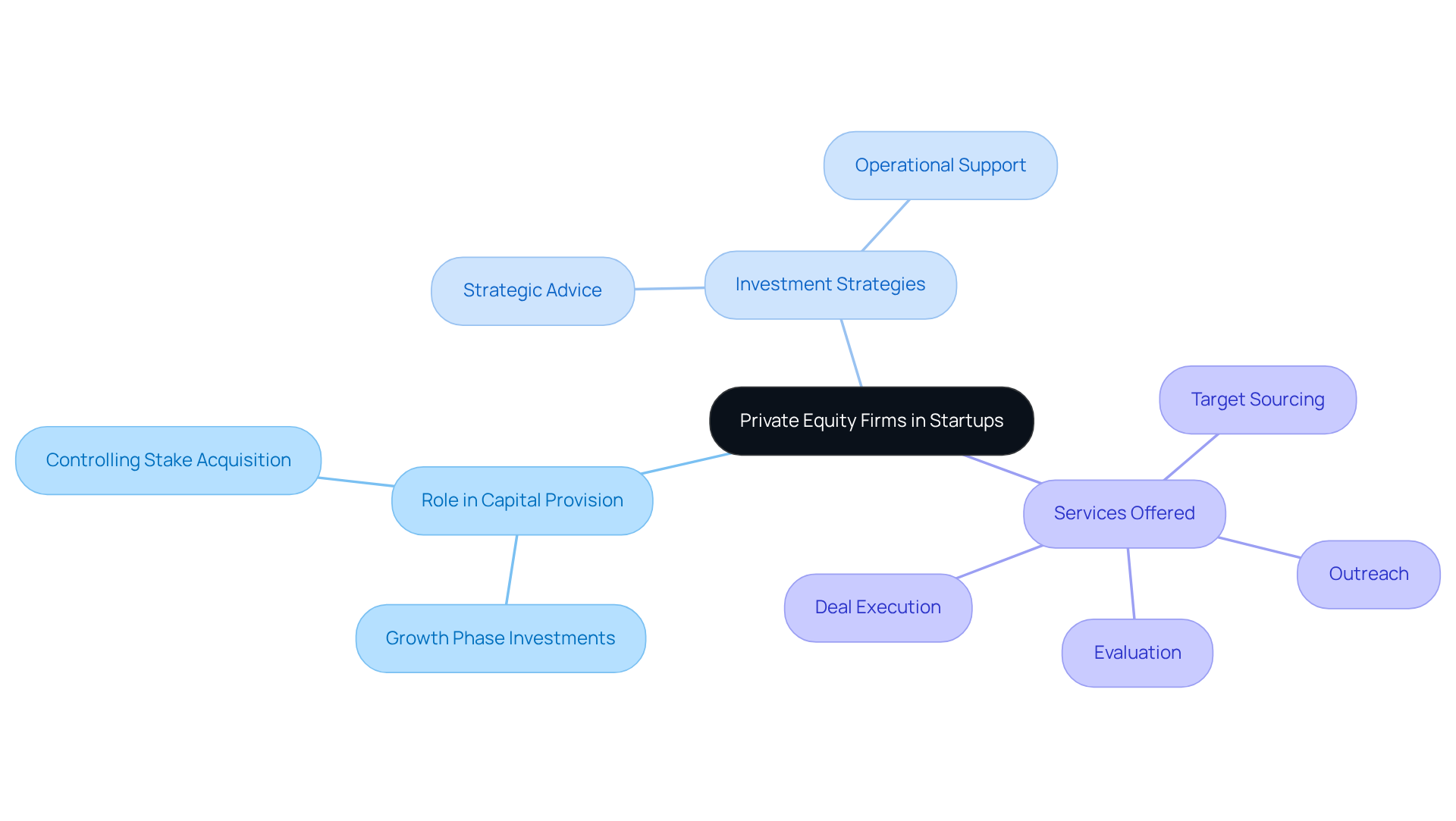 The central node represents private equity firms, with branches showing their roles, strategies, and services. Each branch highlights how these firms support startups in their growth journey.