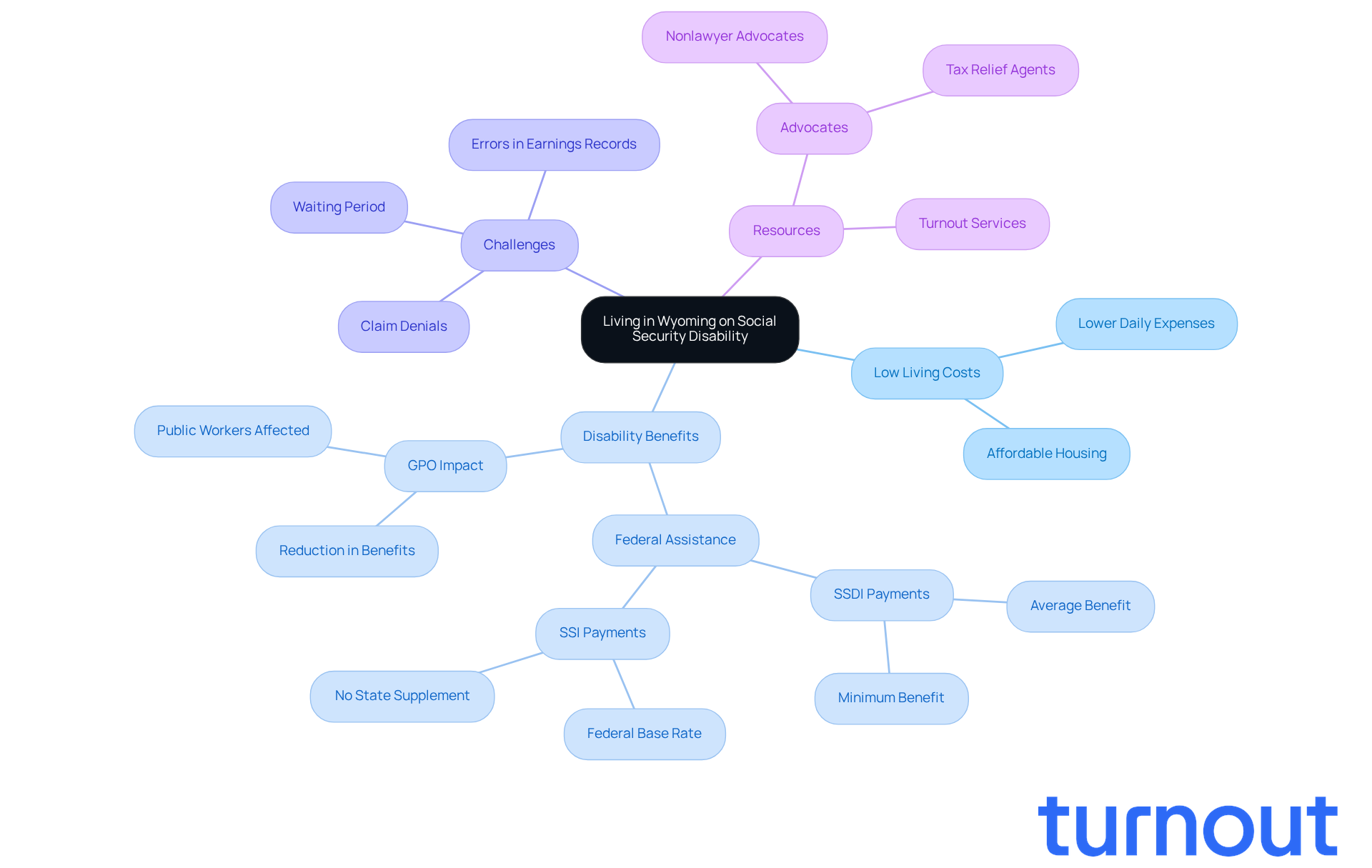 The center represents the main topic of living in Wyoming on social security disability. Each branch shows a different aspect, like costs, benefits, and available resources. Follow the branches to see how they connect and support each other.