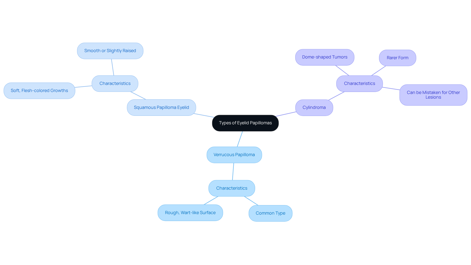 The center shows the main topic, and each branch leads to a type of papilloma with its distinct features — follow the branches to learn more about each classification.