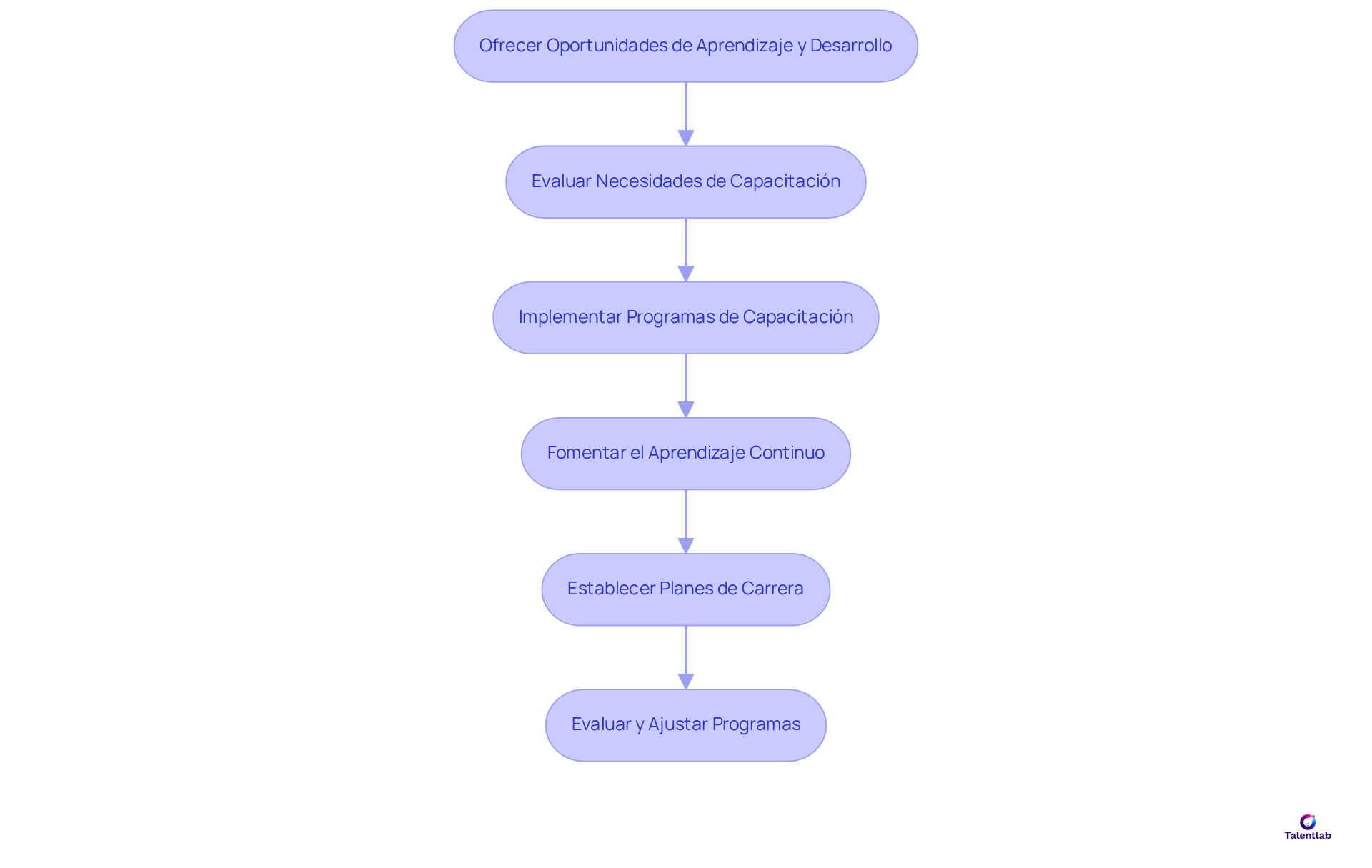 Cada cuadro representa un paso en el proceso de aprendizaje y desarrollo. Sigue las flechas para ver cómo cada etapa se conecta con la siguiente, desde la evaluación de necesidades hasta la evaluación y ajuste de programas.