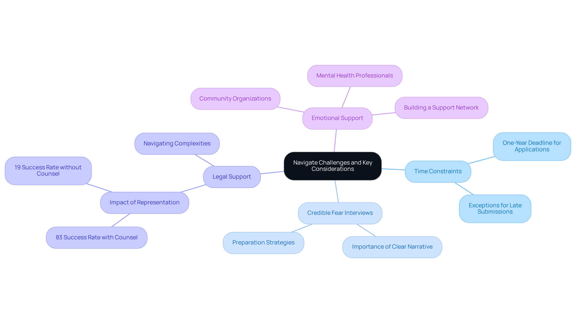 The center represents the main theme, while the branches show different challenges and considerations. Each branch contains important details to help you navigate the immigration journey effectively.