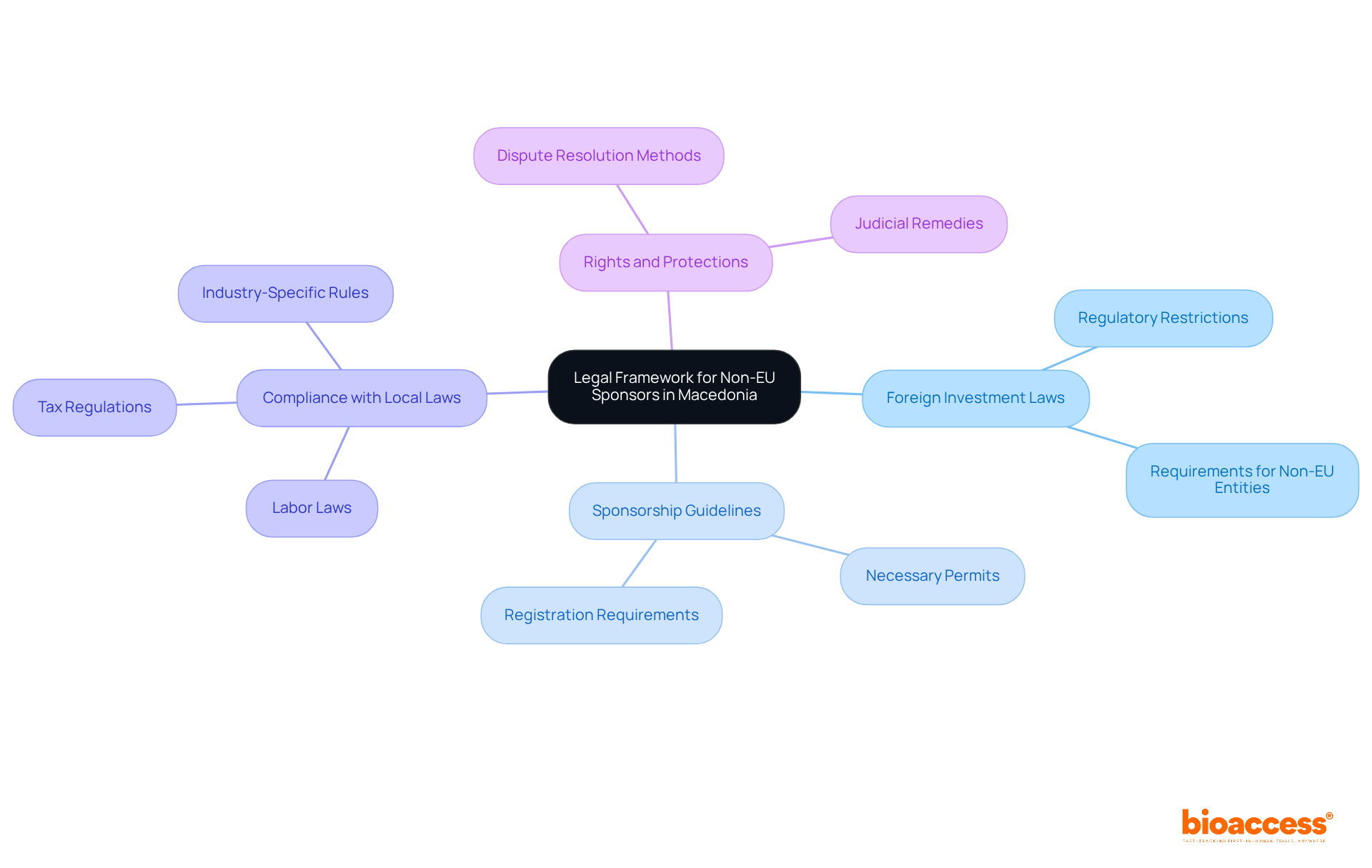 Start at the center with the main topic, then explore each branch to understand the different aspects of the legal framework. Each color-coded branch represents a key area of focus, helping you see how they connect and what you need to know.