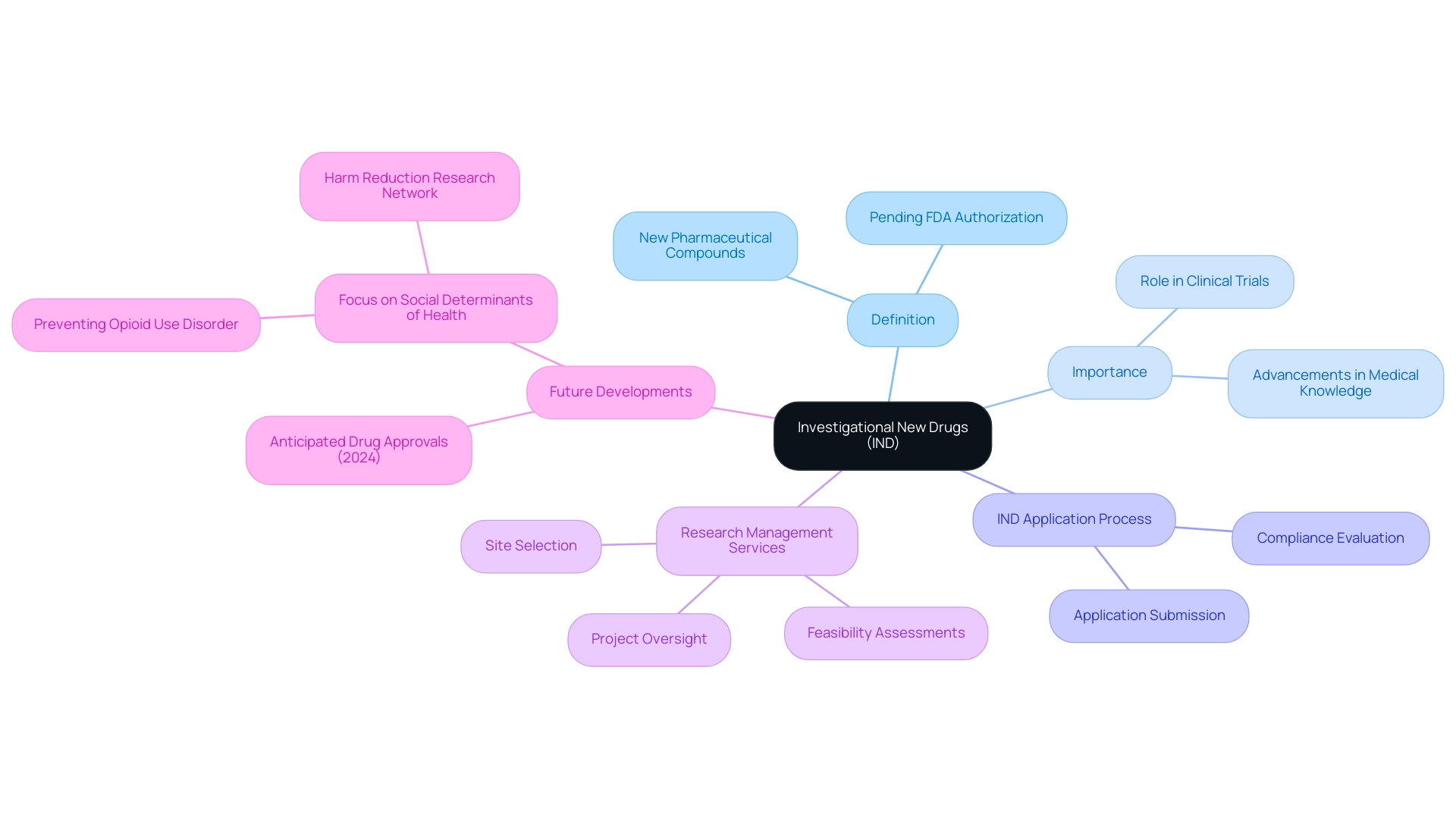 Each branch represents a key aspect of INDs, with colors indicating the main themes: Definition (blue), Importance (green), Application Process (orange), Services (purple), Future Developments (red).