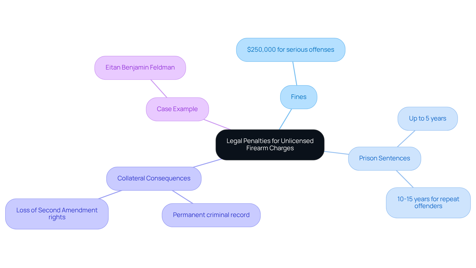 This mindmap starts with the main topic of legal penalties and branches out into different categories. Each branch represents a type of consequence you might face, like fines or prison time. The sub-branches give specific details, helping you see how serious these charges can be and what they might mean for your life.