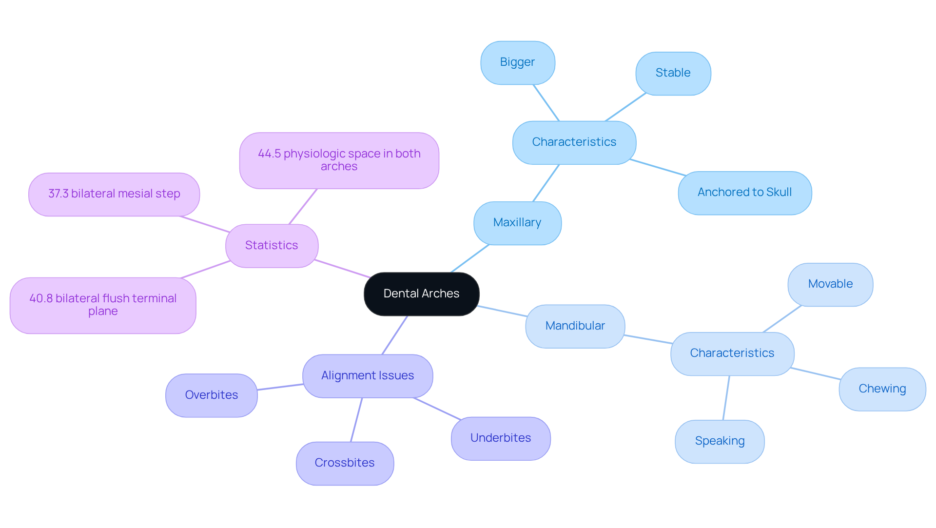 This mindmap shows the two main types of dental arches, their key features, and common alignment issues. Follow the branches to see how everything connects, from the basic characteristics to the orthodontic implications.