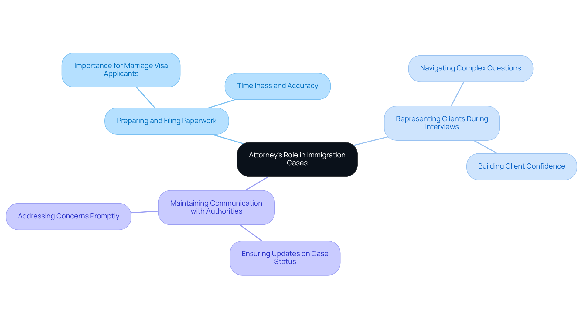 This mindmap illustrates the key responsibilities of immigration attorneys. Start at the center with the main role, then explore each branch to see specific tasks and their importance in the immigration process.