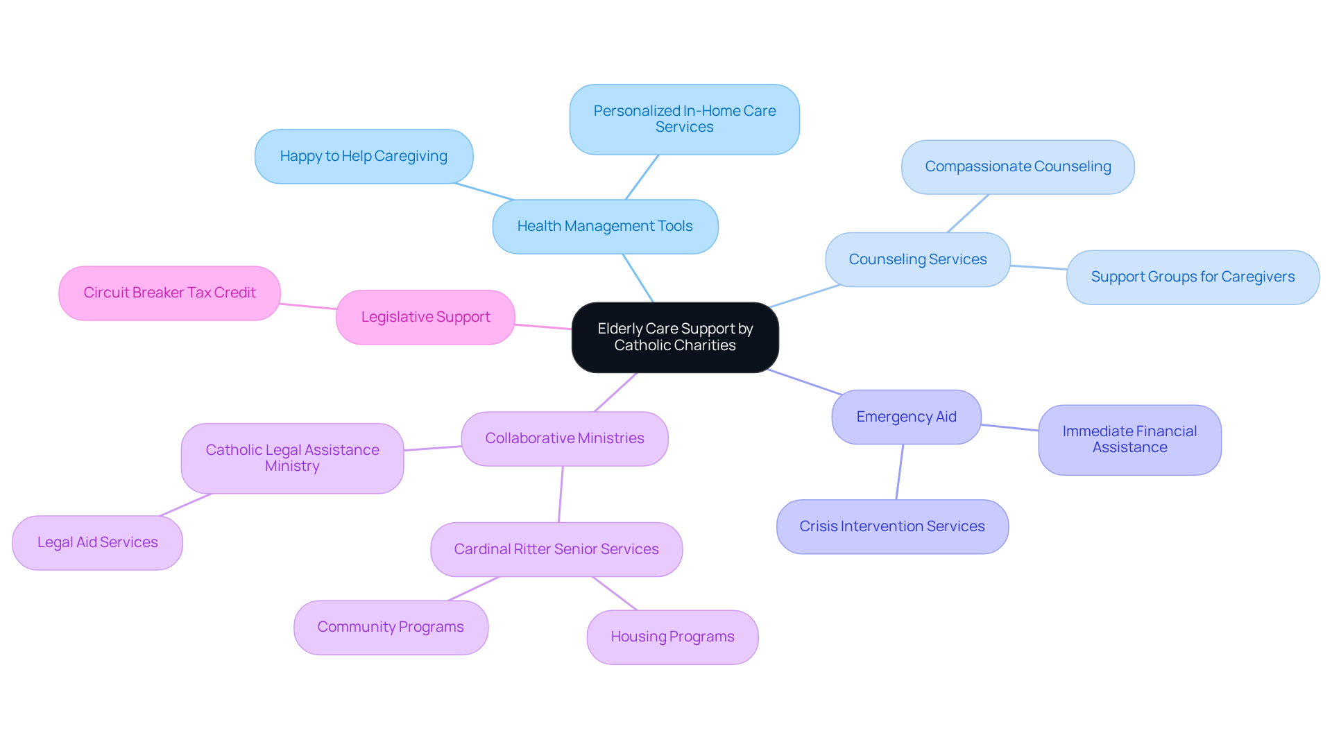 The central node represents the overall mission of Catholic Charities in elderly care. Each branch shows different types of support services, and the sub-branches provide details on specific programs and initiatives that enhance the quality of life for seniors.
