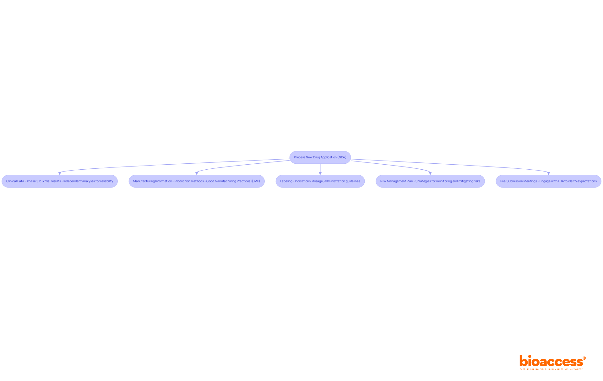 This flowchart outlines the essential steps for preparing an NDA. Each box represents a critical component of the application process. Follow the arrows to see how each part connects and the order in which they should be addressed. This flowchart outlines the essential steps for preparing an NDA. Each box represents a critical component of the application process. Follow the arrows to see how each part connects and the order in which they should be addressed.