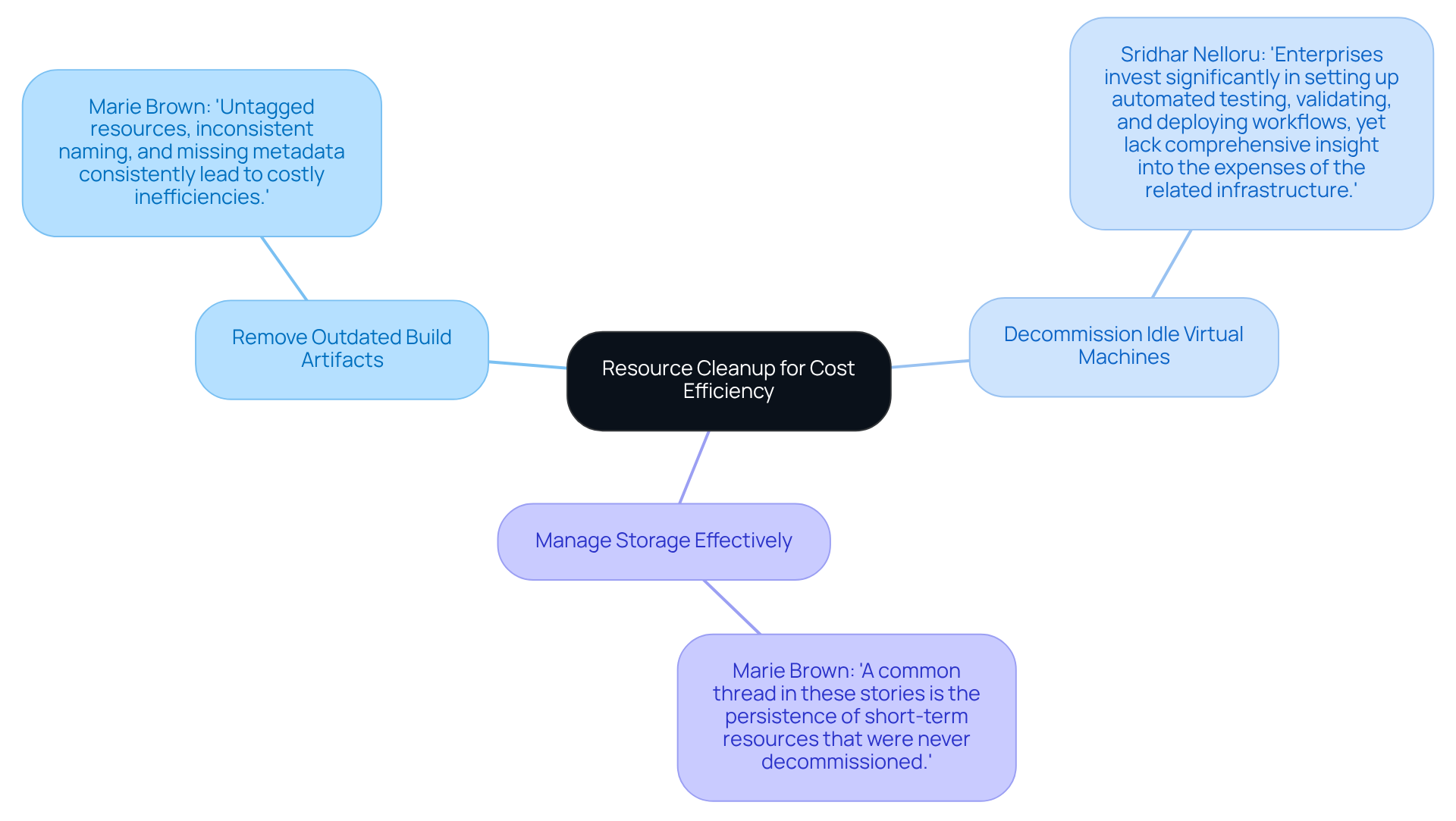 The central node represents the main focus on resource cleanup, while the branches show specific actions that help save costs. Quotes from experts provide additional context and emphasize the importance of each action.