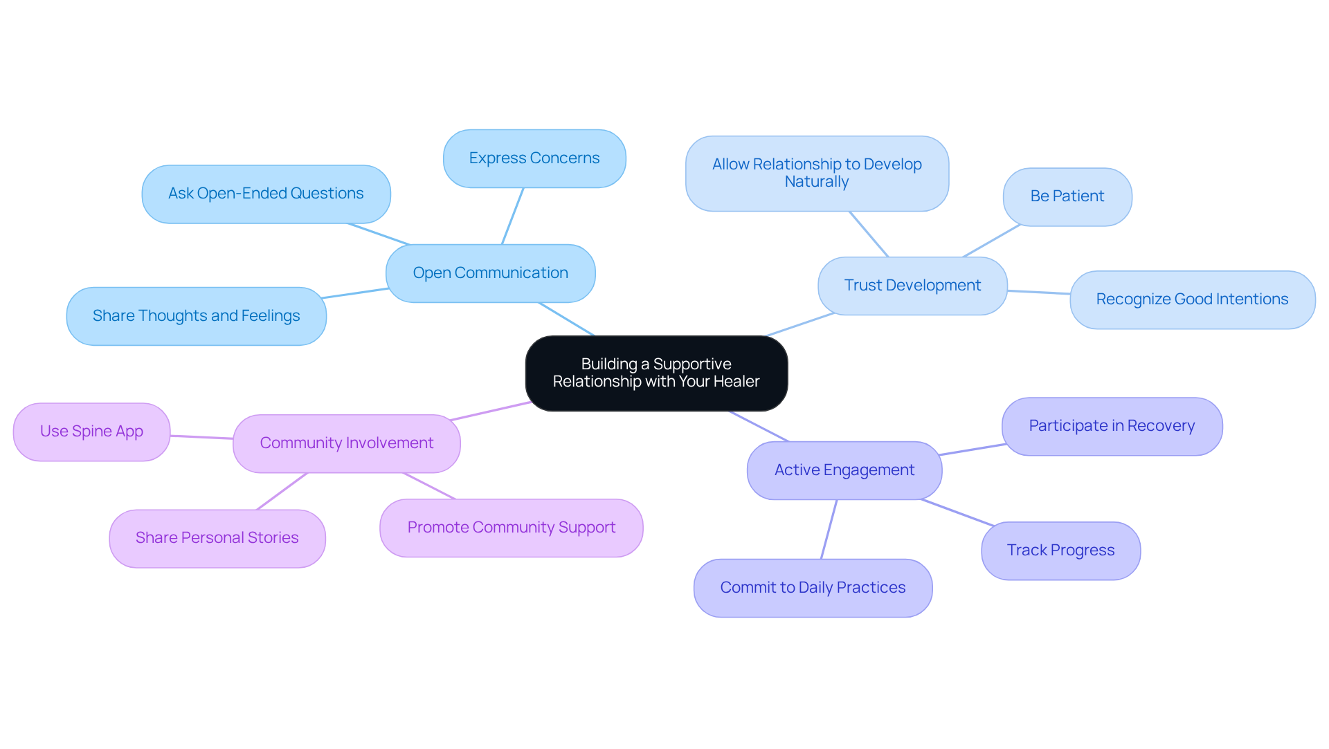 The central idea is about nurturing your relationship with your healer. Each branch represents a key aspect of this journey, showing how they connect and contribute to your overall healing experience. The central idea is about nurturing your relationship with your healer. Each branch represents a key aspect of this journey, showing how they connect and contribute to your overall healing experience.