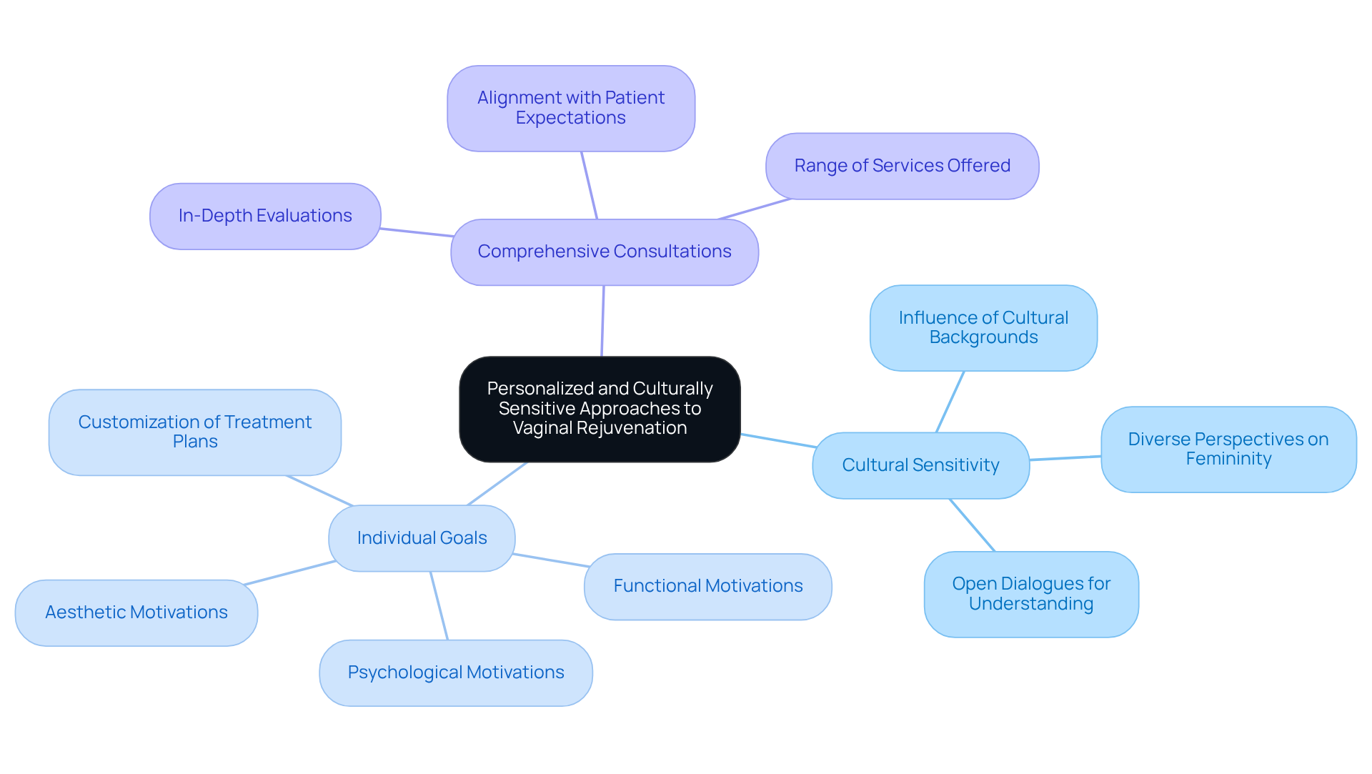 Start at the center with the main theme, then explore each branch to see how cultural sensitivity, individual goals, and comprehensive consultations contribute to a tailored approach in vaginal rejuvenation.