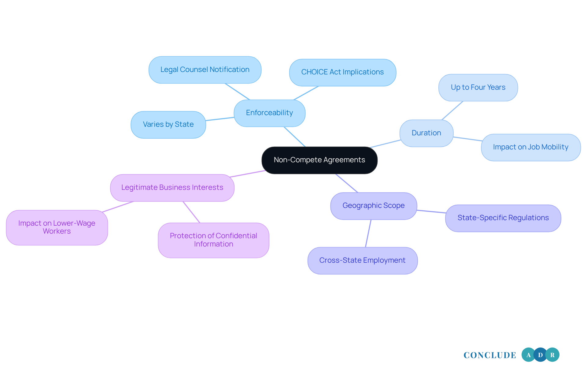 Start at the center with the main topic of non-compete agreements, then explore the branches that detail important factors and their implications. Each color represents a different aspect of the agreements, helping you see how they connect. Start at the center with the main topic of non-compete agreements, then explore the branches that detail important factors and their implications. Each color represents a different aspect of the agreements, helping you see how they connect.