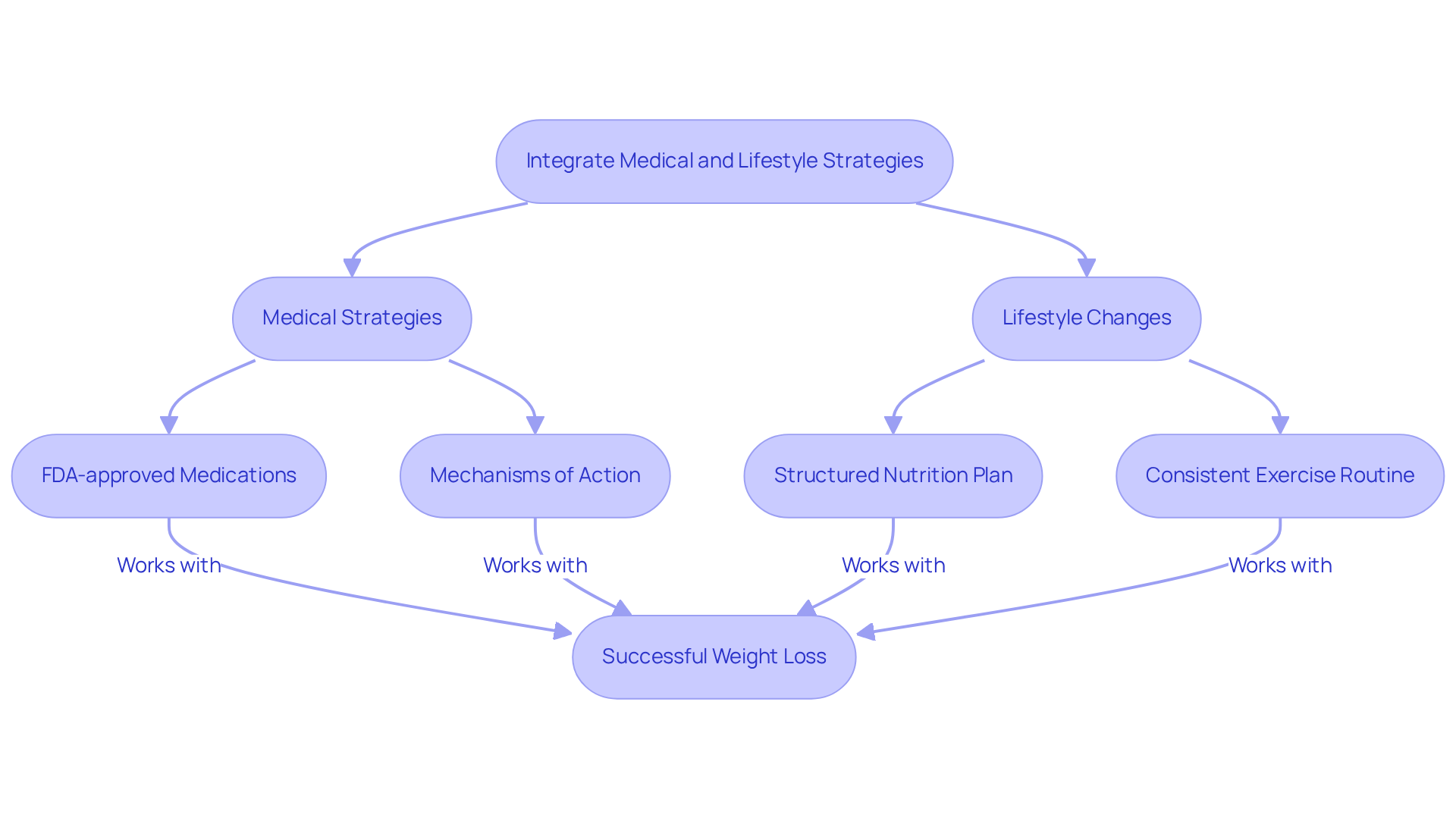 This flowchart shows how combining medical treatments with lifestyle changes can lead to successful weight loss. Follow the arrows to see how each part connects and contributes to the overall goal. This flowchart shows how combining medical treatments with lifestyle changes can lead to successful weight loss. Follow the arrows to see how each part connects and contributes to the overall goal.