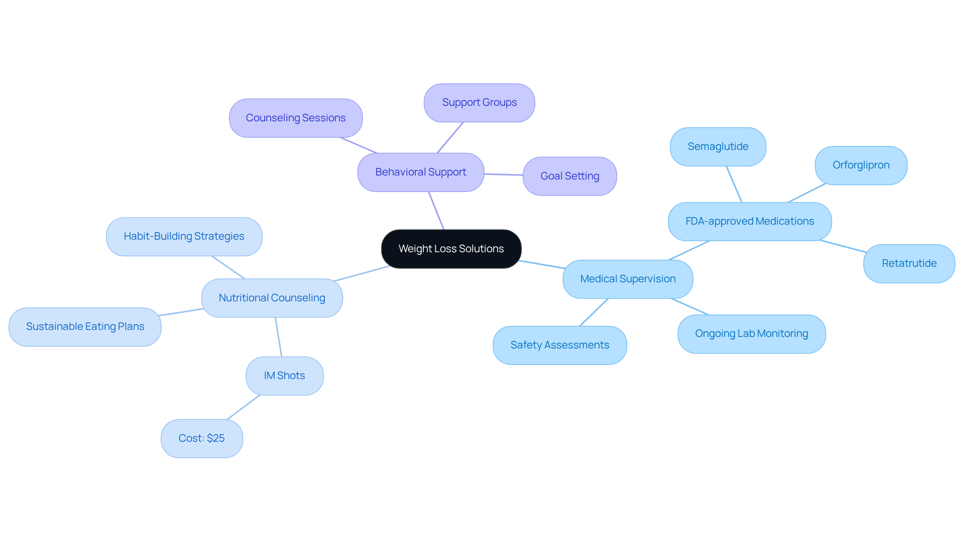 This mindmap illustrates the various components of our weight loss solutions. Start at the center with the main theme, then explore each branch to see how we support your weight loss journey through medical, nutritional, and behavioral strategies. This mindmap illustrates the various components of our weight loss solutions. Start at the center with the main theme, then explore each branch to see how we support your weight loss journey through medical, nutritional, and behavioral strategies.