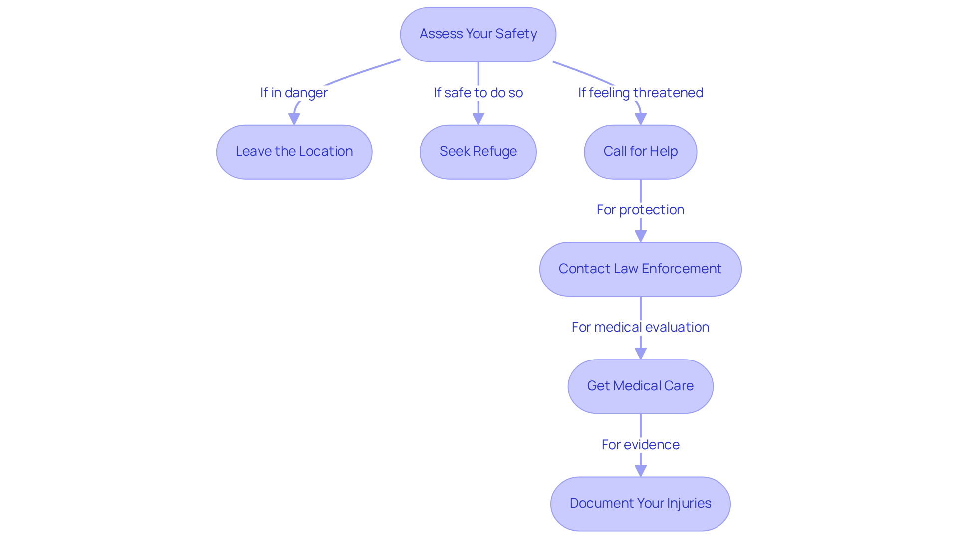 This flowchart guides you through what to do if you find yourself in a dangerous situation. Start at the top and follow the arrows to see each step you should take to protect yourself and get the help you need.