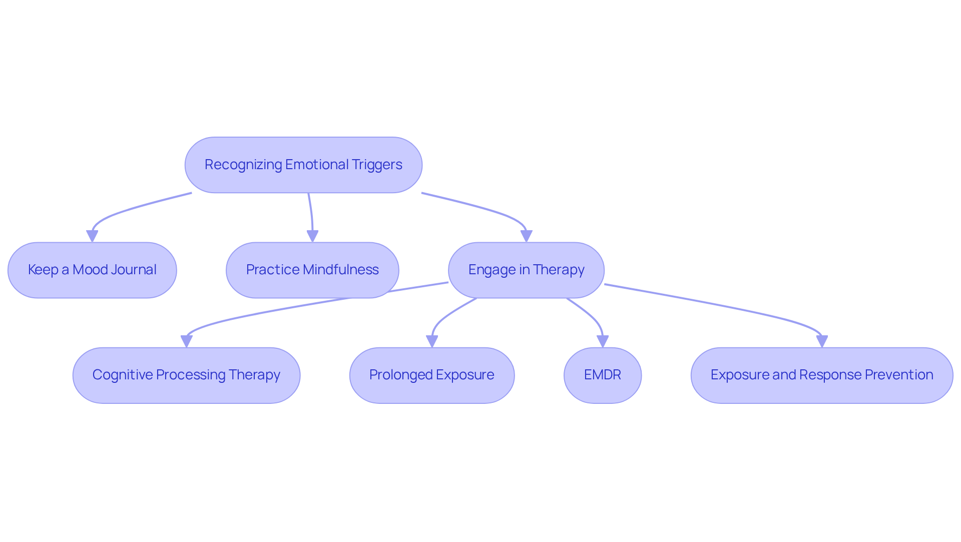 This flowchart outlines the steps to help you recognize and manage your emotional triggers. Start at the top with the main idea, then follow the arrows to see the actions you can take, like journaling and mindfulness, leading to therapy options that can support your healing journey.