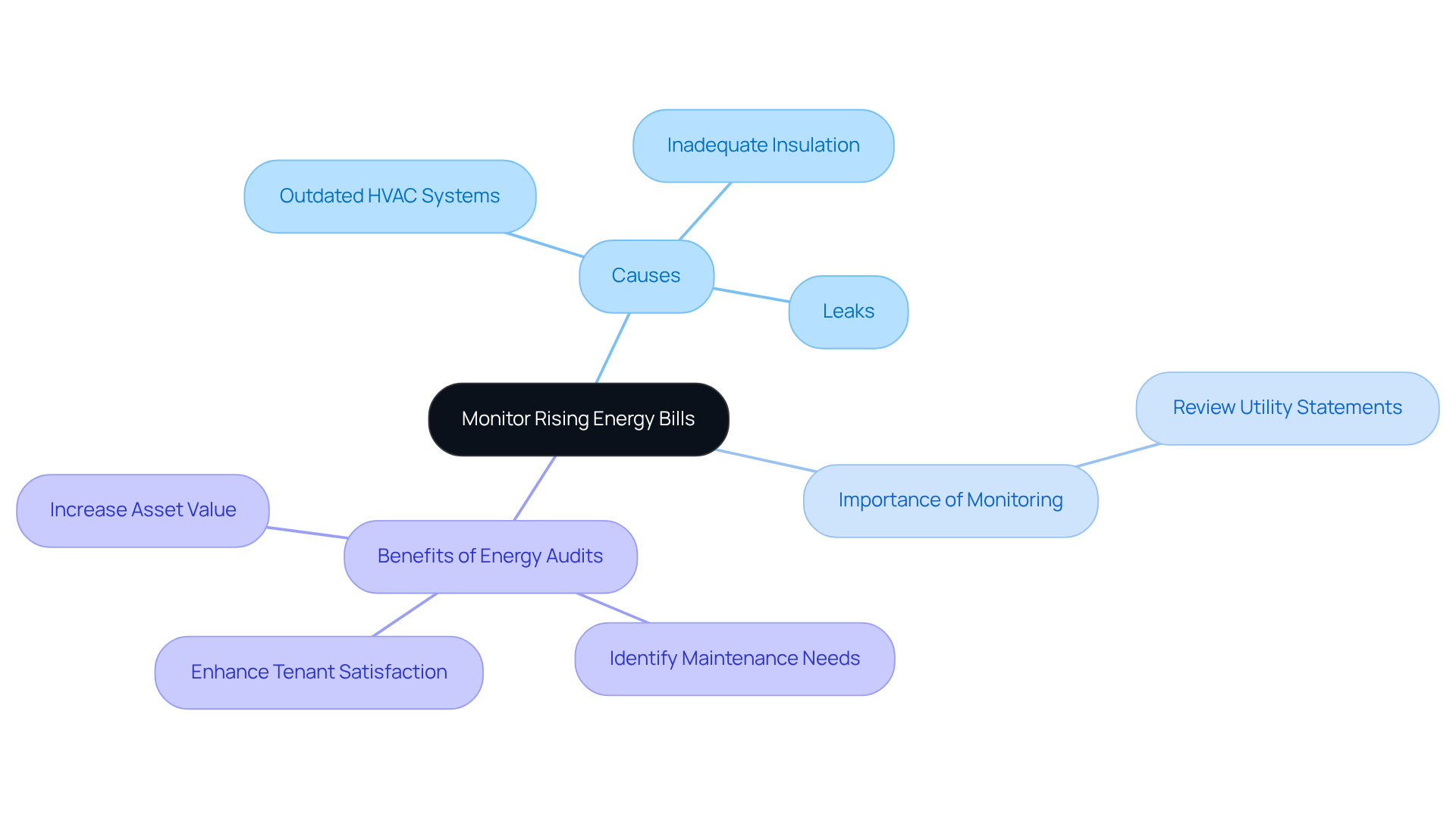 The central idea is about monitoring energy bills. Each branch shows related causes, the importance of keeping an eye on bills, and the benefits of conducting energy audits. Follow the branches to see how everything connects!