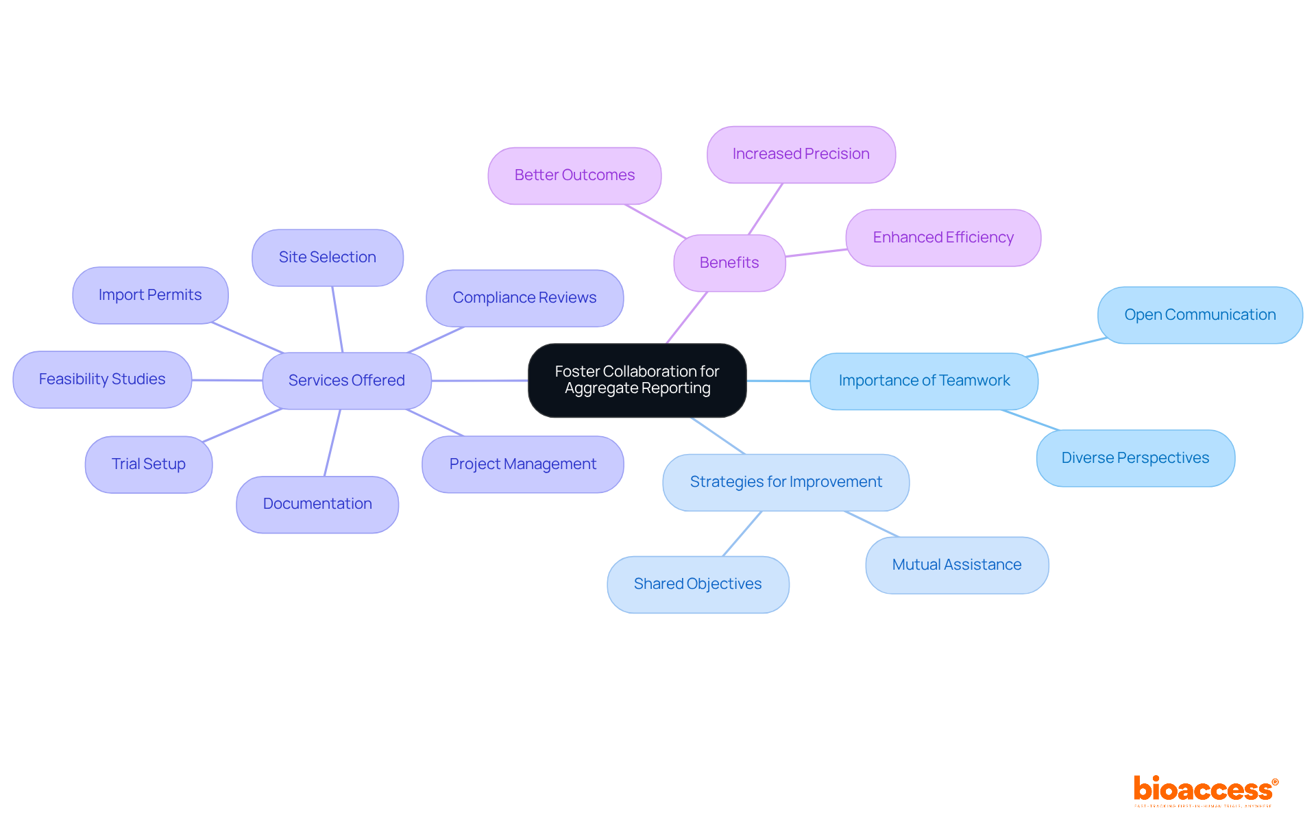 The central idea is teamwork in aggregate reporting. Each branch represents a key aspect: why teamwork matters, how to improve it, what services support it, and the benefits gained. Follow the branches to see how everything connects.