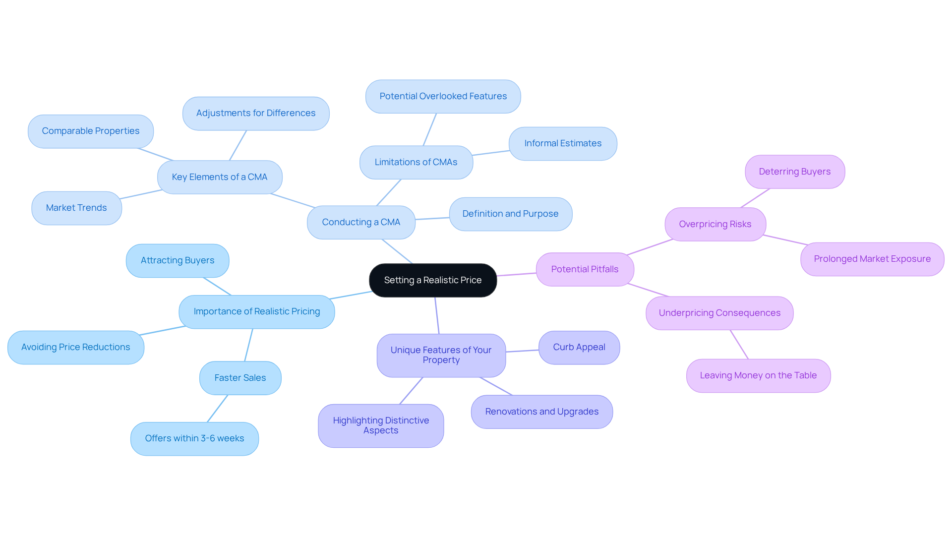 The central idea is about setting a realistic price. Each branch explores a different aspect that influences pricing, with sub-branches providing deeper insights. This layout helps visualize how various factors interconnect in the pricing strategy.