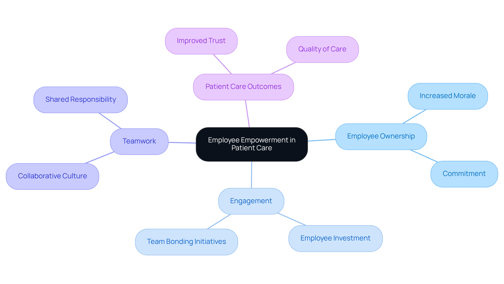 The central idea is employee empowerment, with branches showing how employee ownership influences engagement and teamwork, ultimately leading to better patient care outcomes.