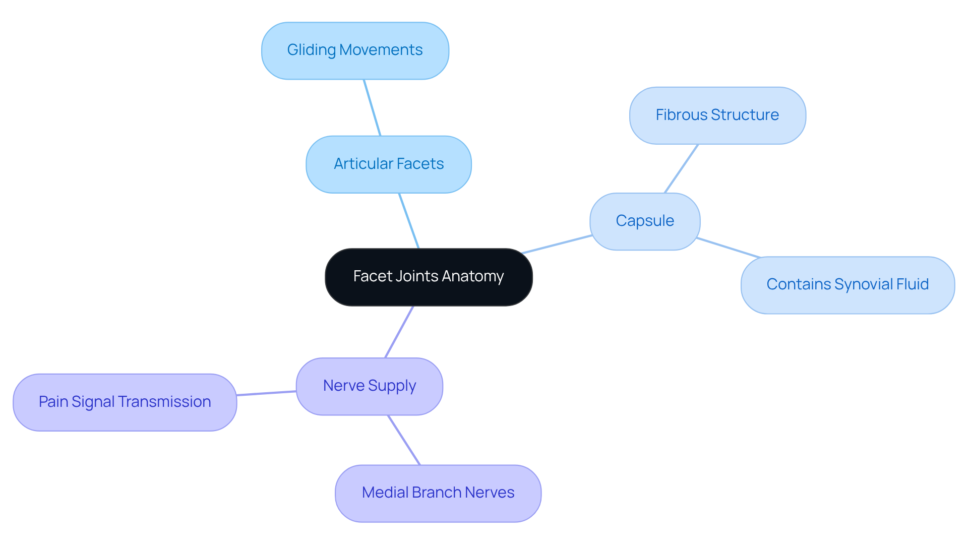 This mindmap starts with the main topic in the center and branches out to show the key features of facet joints. Each branch represents a different aspect of the anatomy, helping you understand how they work together to support your spine. This mindmap starts with the main topic in the center and branches out to show the key features of facet joints. Each branch represents a different aspect of the anatomy, helping you understand how they work together to support your spine.