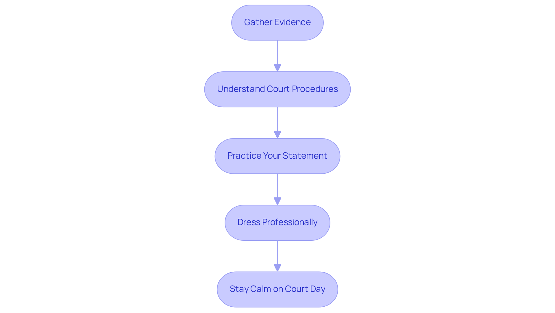 Each box represents a step you should take to prepare for your court appearance. Follow the arrows to see the order in which you should tackle these steps for the best chance at a successful defense.