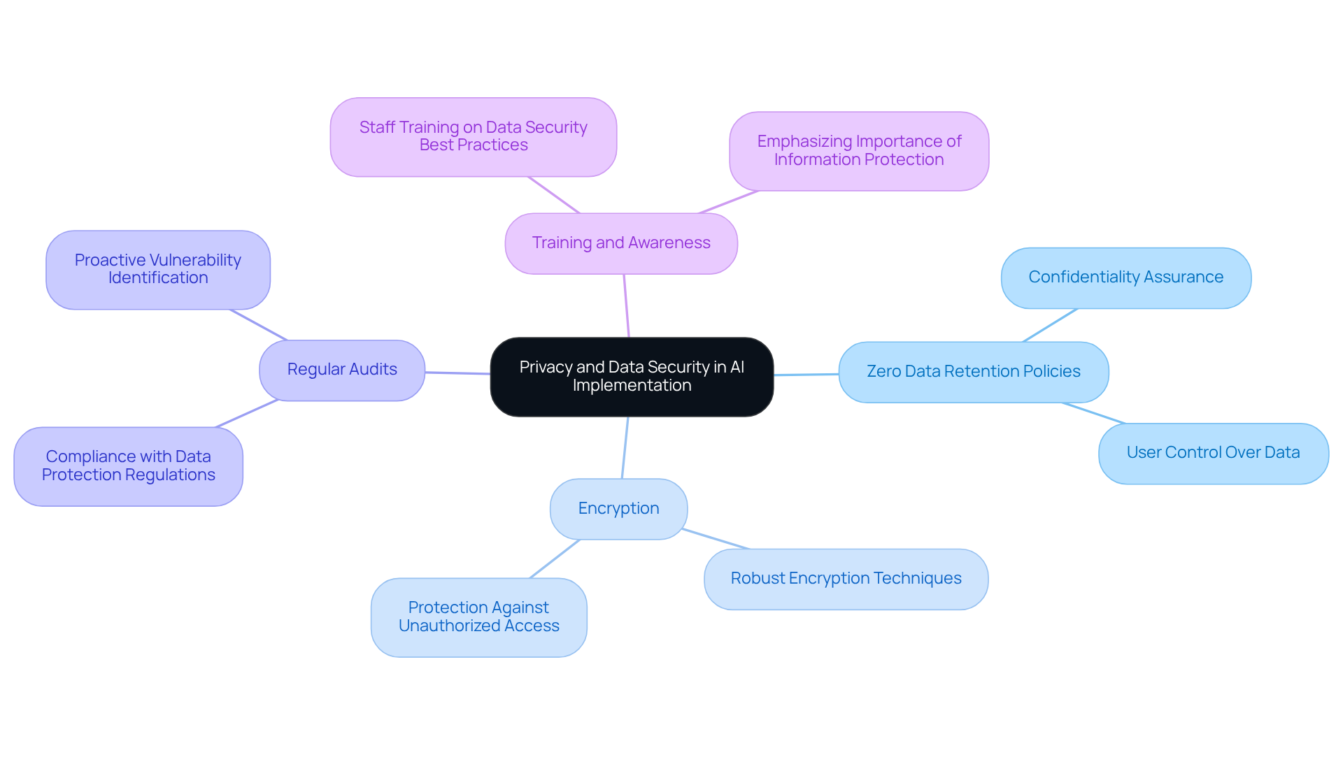 The central node represents the main focus on privacy and data security, while the branches show specific practices to follow. Each branch highlights a key area of focus, helping you understand how to protect sensitive information when using AI tools.