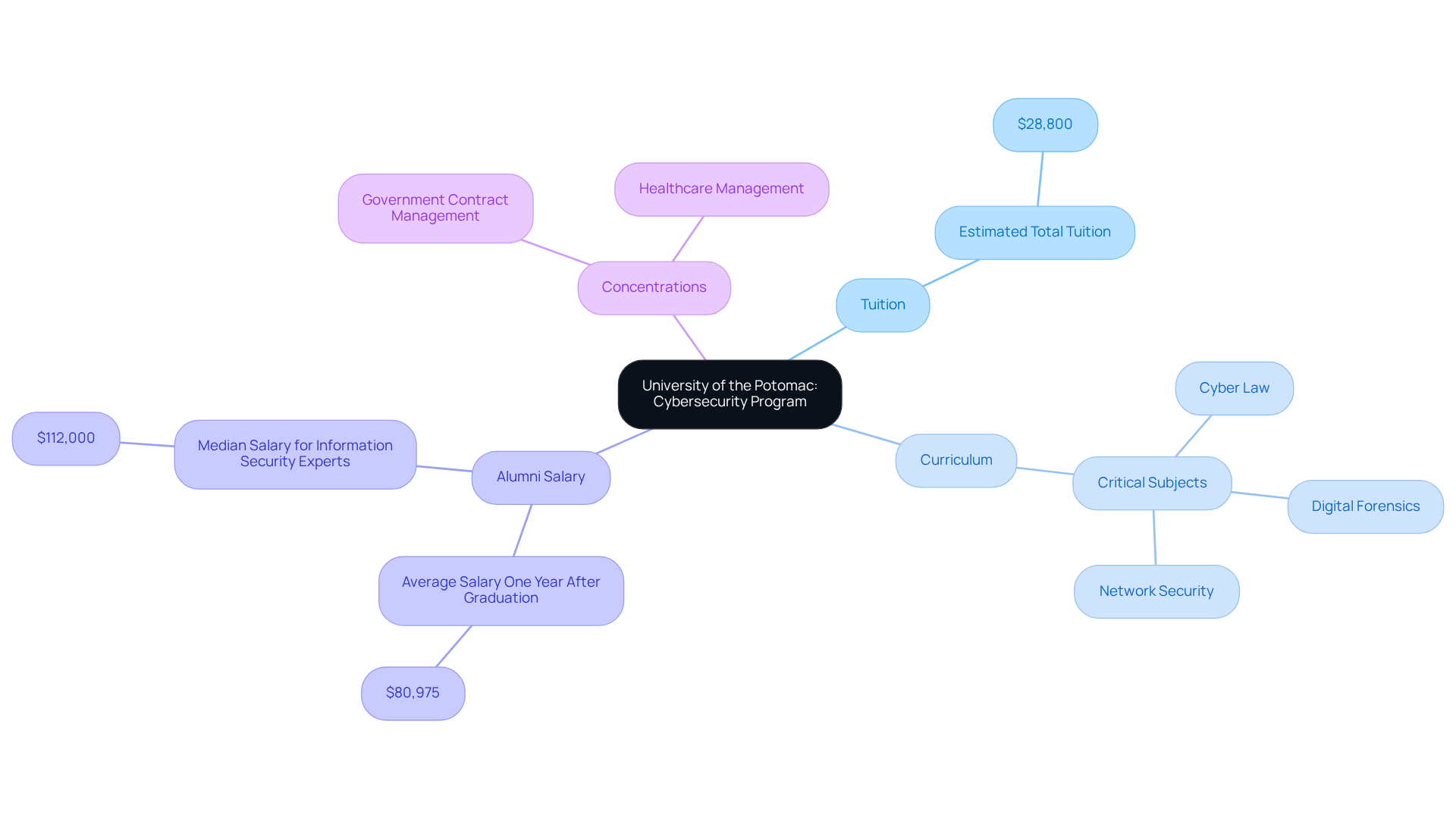 The central node represents the program, while branches show key features and outcomes. Each branch connects to specific details, helping you see how tuition, curriculum, and potential earnings relate to the overall educational experience.