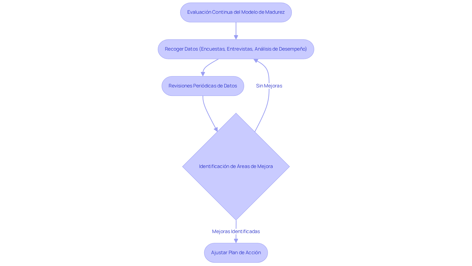 Este diagrama muestra los pasos que las organizaciones deben seguir para evaluar y ajustar su modelo de madurez. Cada cuadro representa una etapa del proceso, y las flechas indican cómo se conectan entre sí. Siguiendo este flujo, las organizaciones pueden asegurarse de que están en camino hacia el éxito.