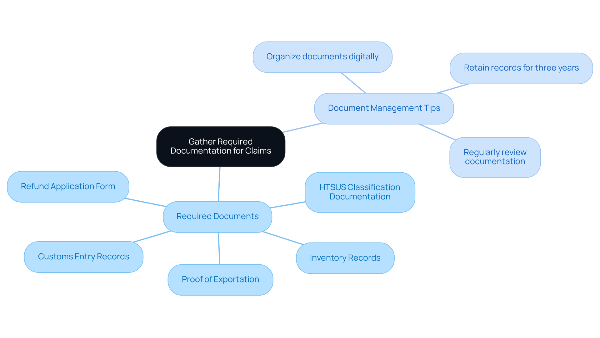 The center represents the main task of gathering documentation, with branches showing the specific documents needed and tips for managing them effectively.