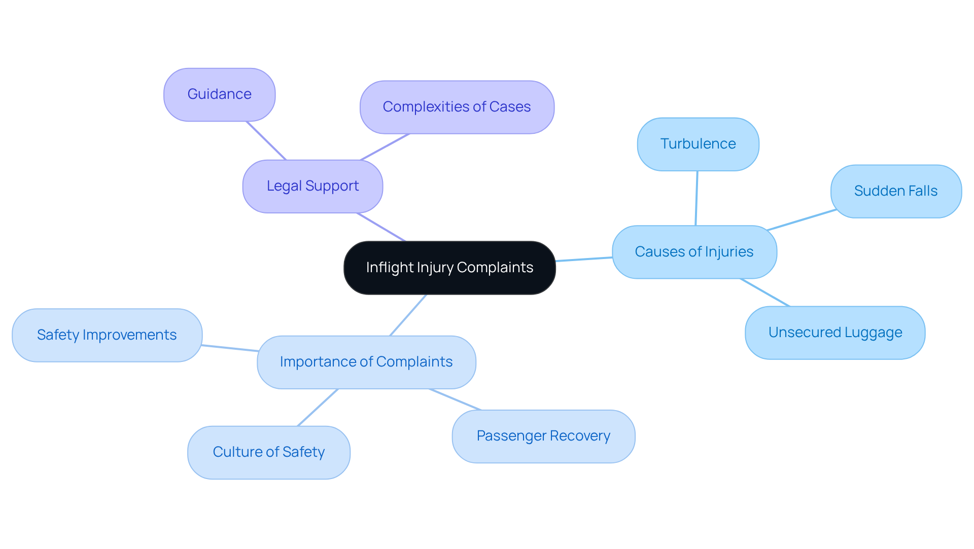 The central node represents the main topic of inflight injury complaints. Each branch shows a different aspect related to this topic, helping you see how they connect and contribute to overall passenger safety and support.