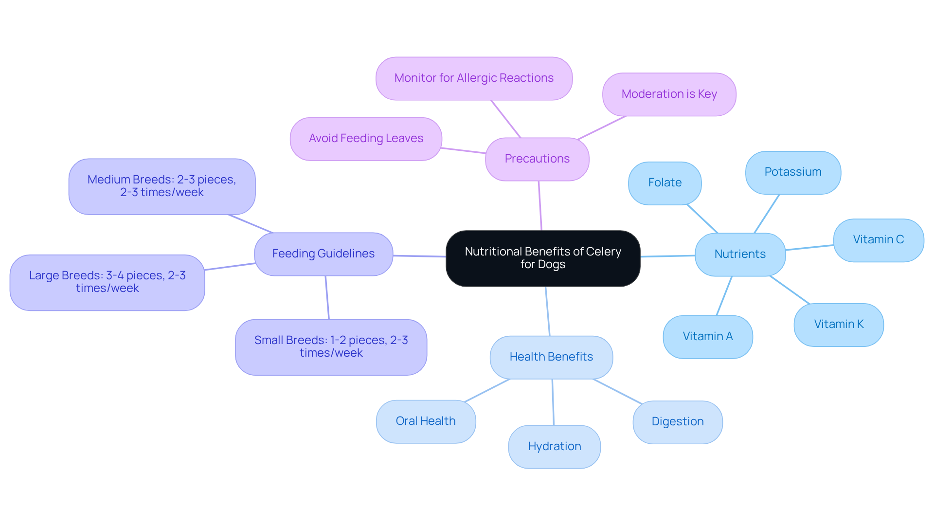 Start at the center with the main topic of celery's benefits, then branch out to see the nutrients, health benefits, guidelines on how much to feed based on dog size, and important safety notes. Start at the center with the main topic of celery's benefits, then branch out to see the nutrients, health benefits, guidelines on how much to feed based on dog size, and important safety notes.