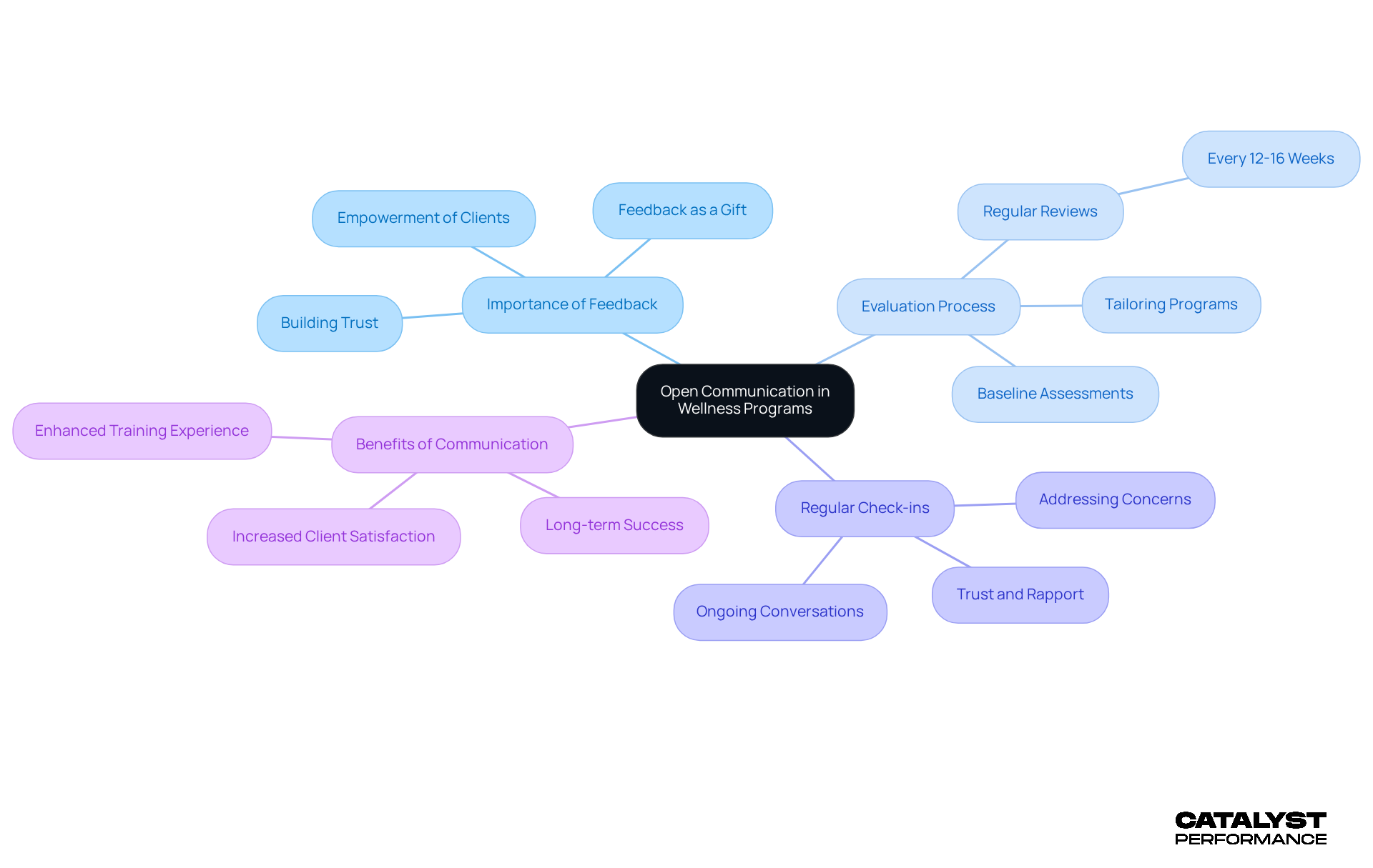 The center represents the core idea of communication, with branches showing how it connects to various aspects of the training experience. Each branch highlights a different element that contributes to successful outcomes.