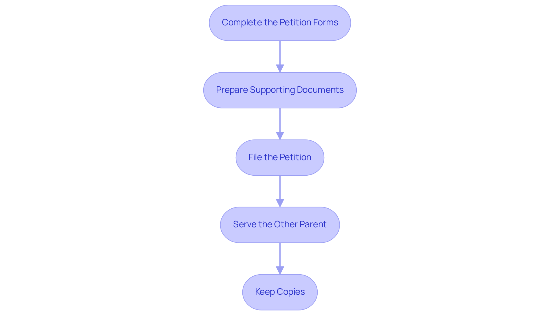 Each box represents a step you need to take to file your petition. Follow the arrows to see the order in which you should complete each task, ensuring you don't miss any important steps.