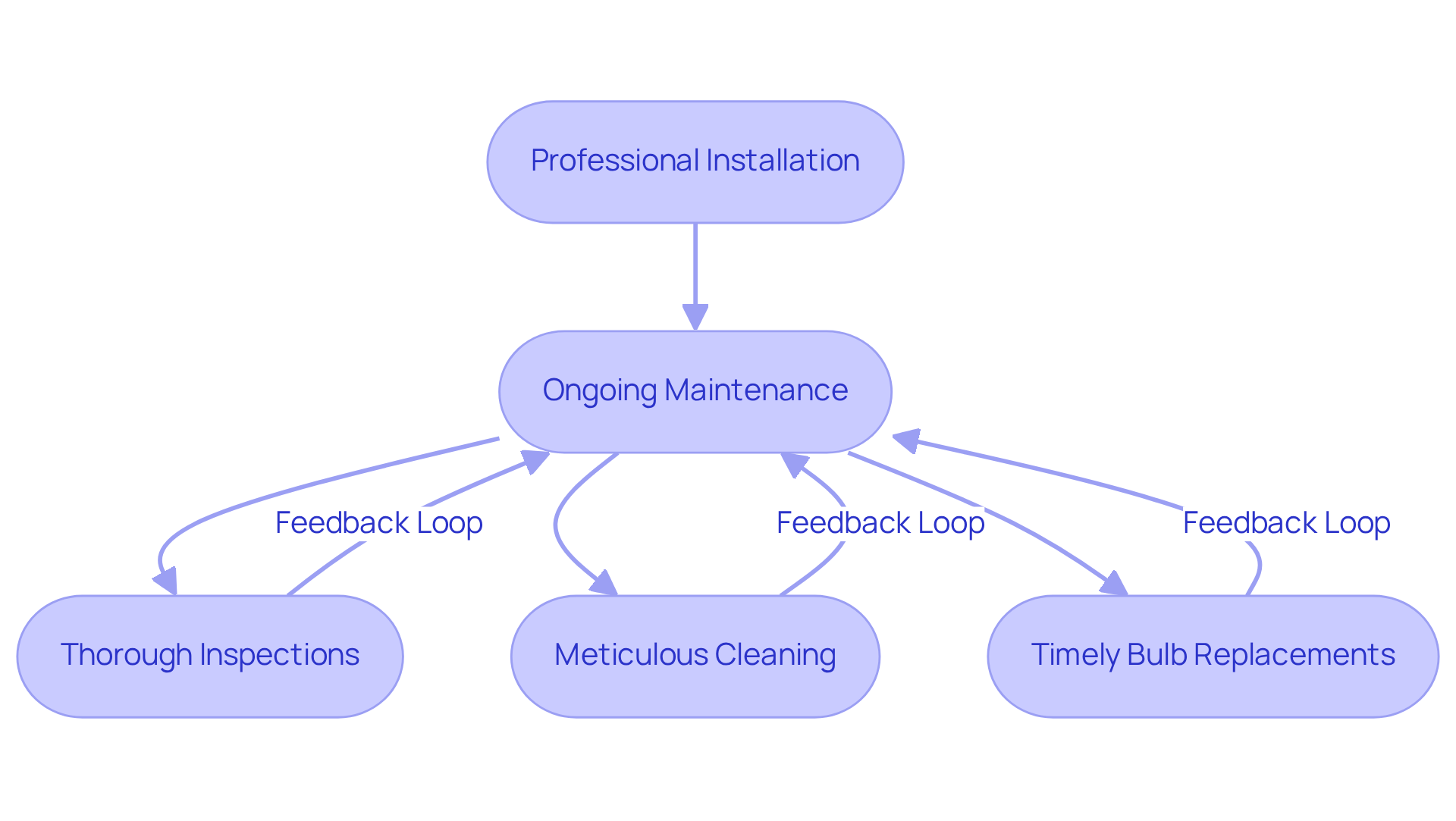 This flowchart shows the steps to ensure your outdoor lighting is beautifully installed and well-maintained. Start with professional installation, then follow through with regular maintenance tasks to keep everything shining bright!