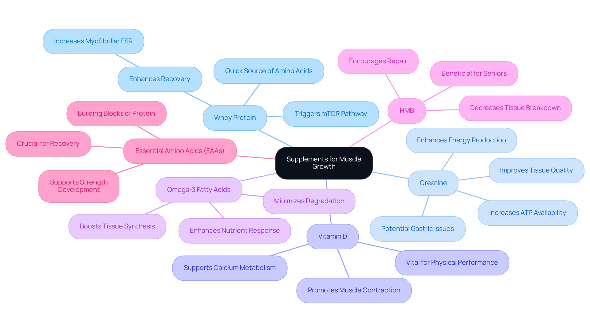 The central node represents the overall theme of muscle growth supplements. Each branch represents a specific supplement, and the sub-branches explain how they help with muscle growth and vitality.
