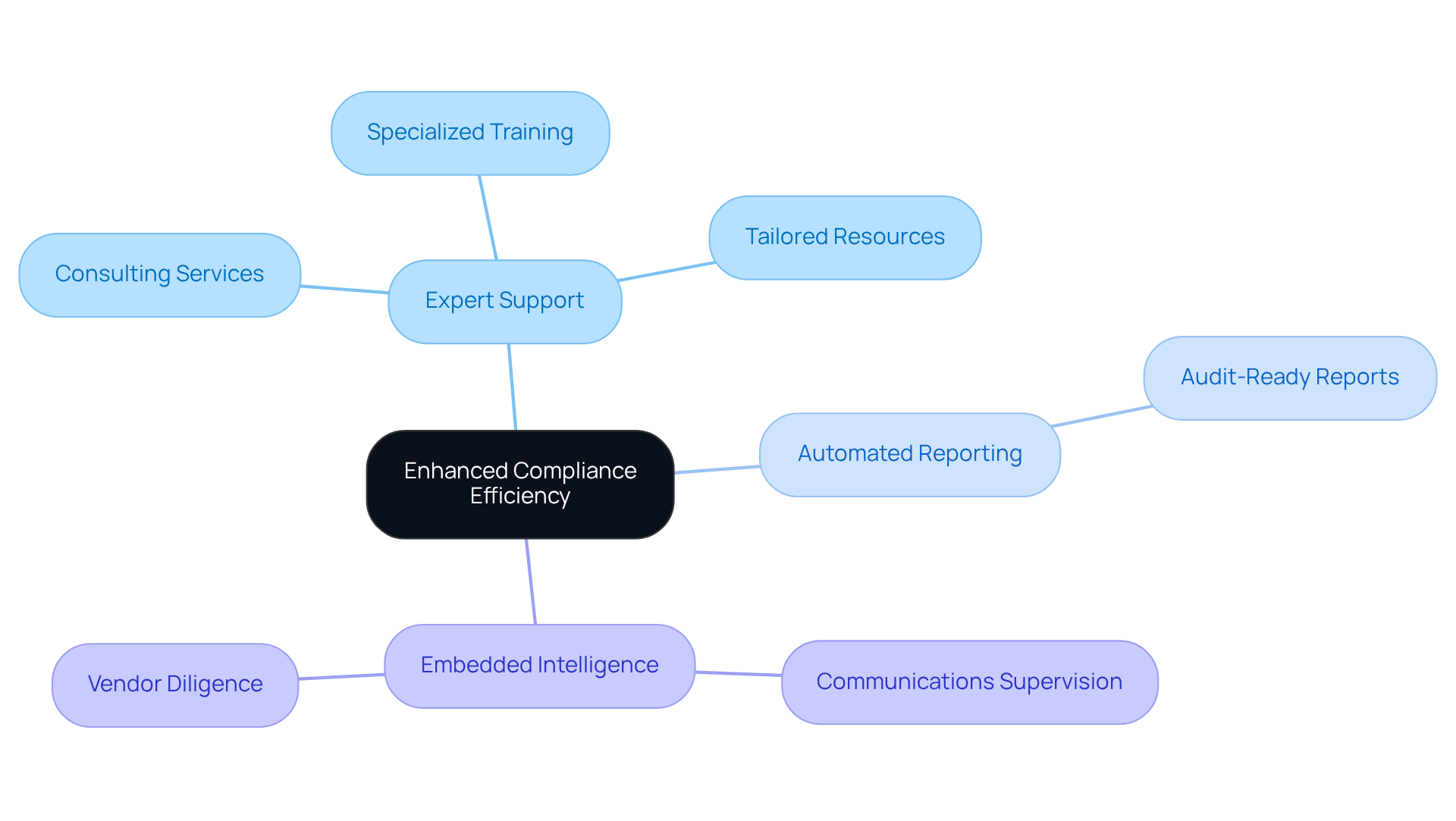 The center represents the main goal of enhancing compliance efficiency. Each branch shows different types of support and tools that help achieve this goal. Follow the branches to see how each component contributes to a stronger compliance framework.