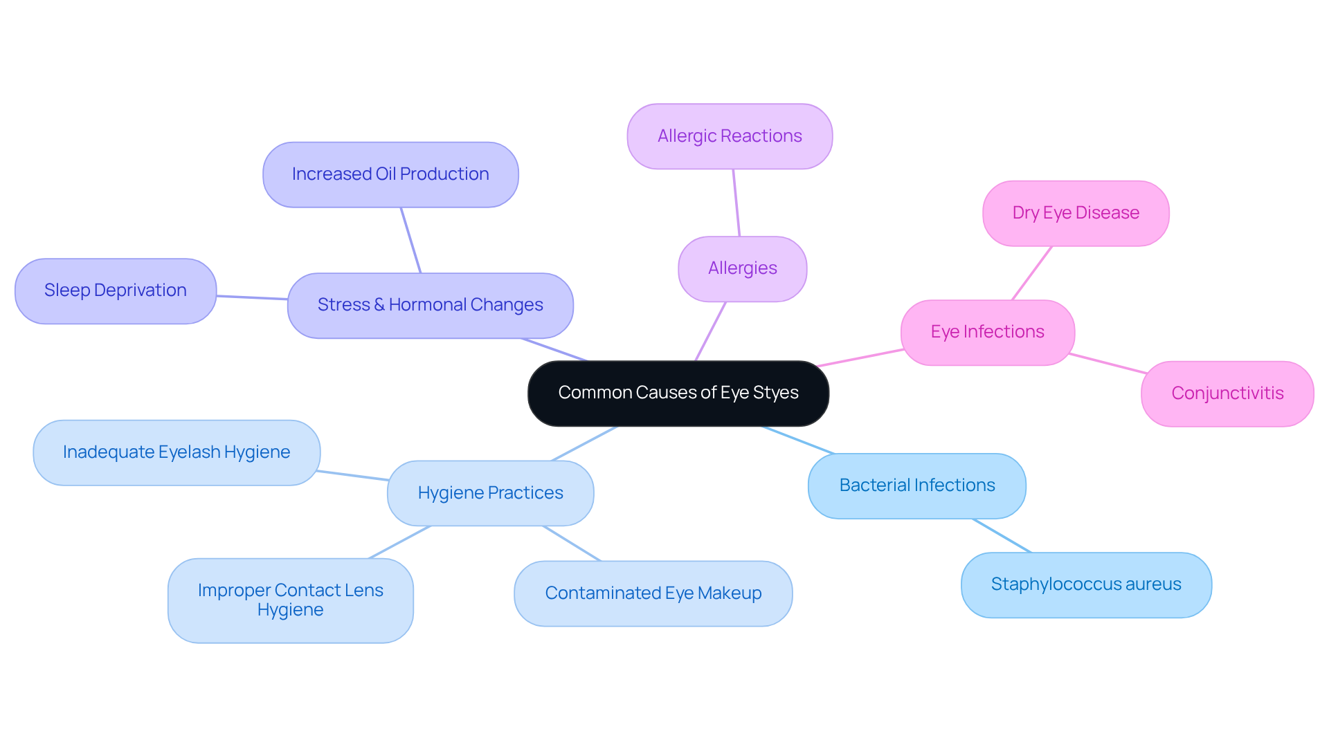 The central node represents the main topic, while the branches show different causes and risk factors. Each color-coded branch helps you see how various elements contribute to the development of eye styes.