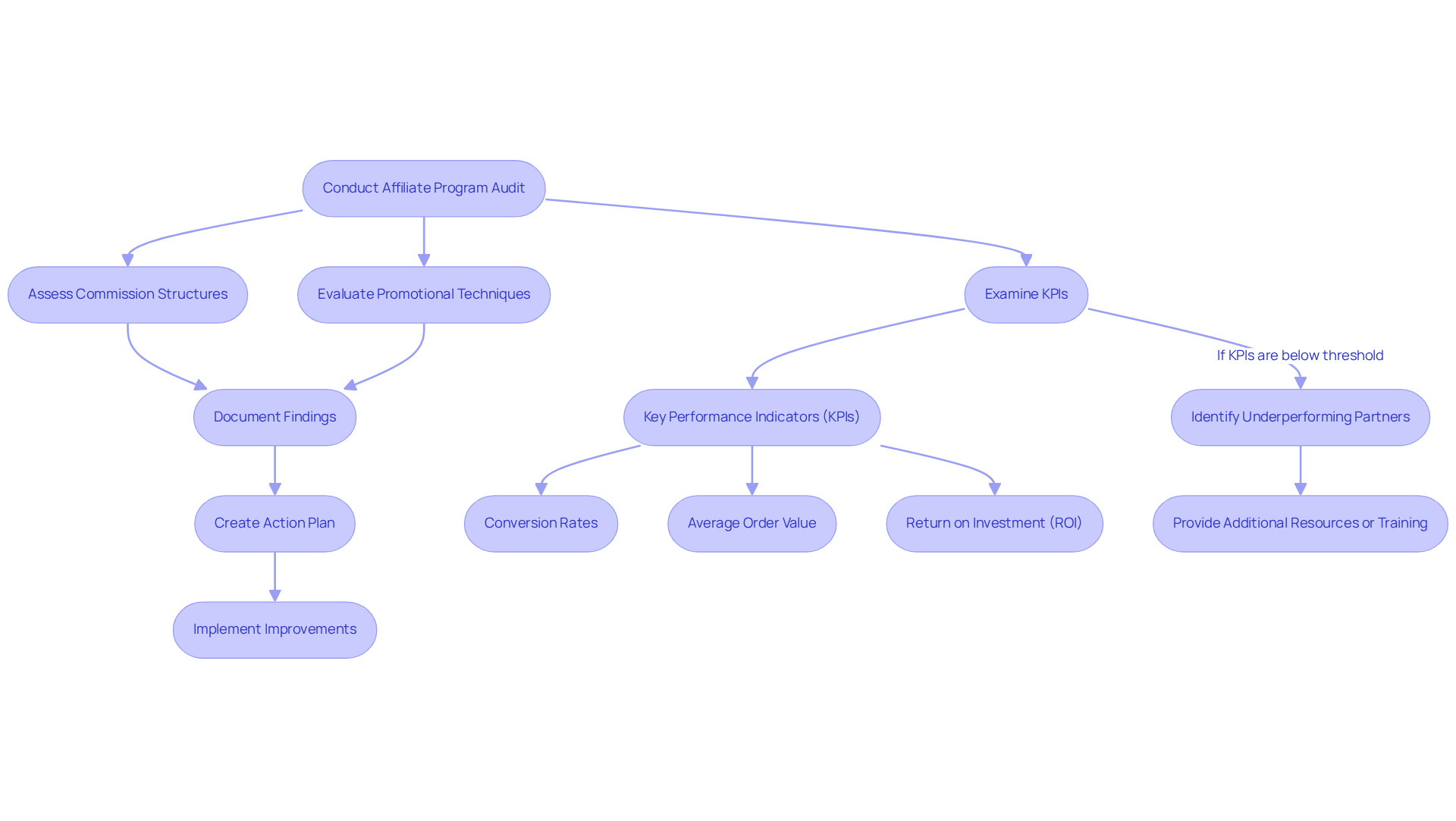Follow the flow from the start of the audit to the final action plan. Each box represents a step in the process, and the arrows show how each step leads to the next. This helps you see how to systematically improve your affiliate program.