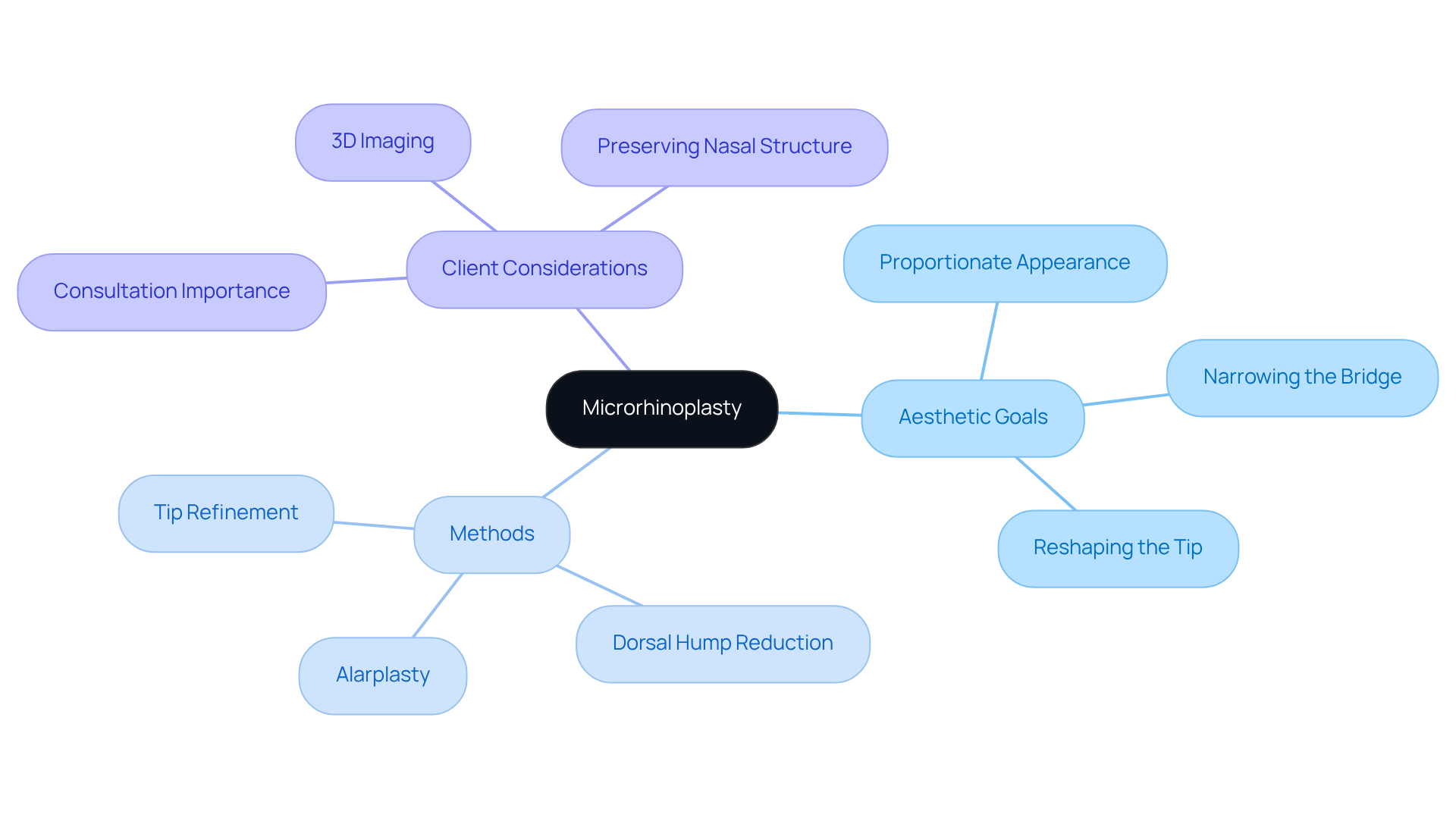 The central node represents microrhinoplasty, with branches showing the main areas of focus. Each sub-branch provides more detail about specific aspects of the procedure, helping you understand the overall process and considerations involved.