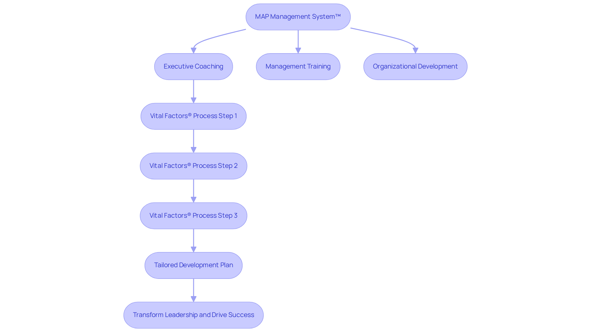 This flowchart outlines the steps in the MAP Management System™. Start with the system itself, then see how it branches into coaching, training, and development, leading to a tailored plan that transforms leadership. This flowchart outlines the steps in the MAP Management System™. Start with the system itself, then see how it branches into coaching, training, and development, leading to a tailored plan that transforms leadership.