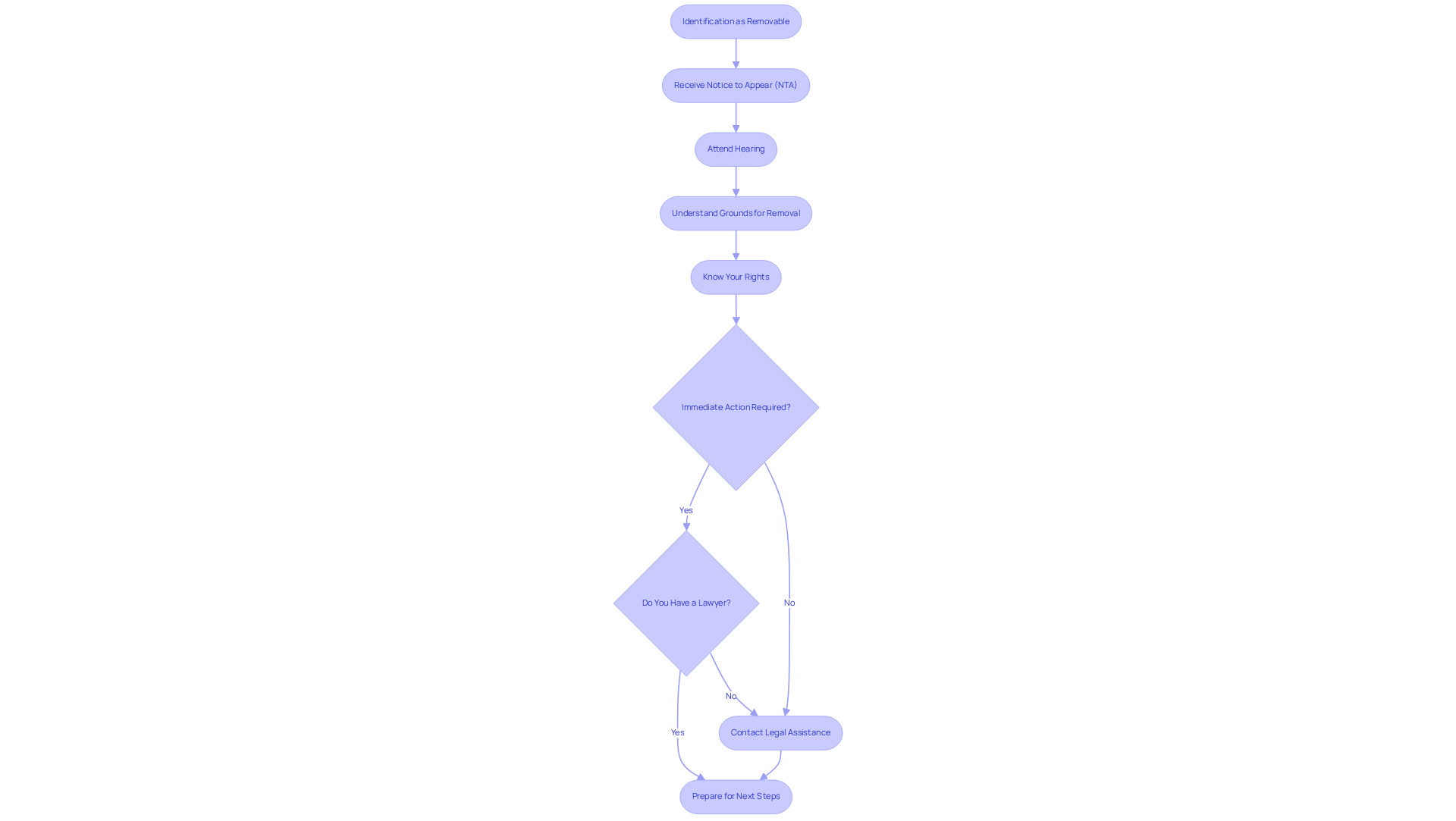 This flowchart guides you through the deportation process. Each step shows what happens next, and decision points indicate where you need to take action or know your rights.