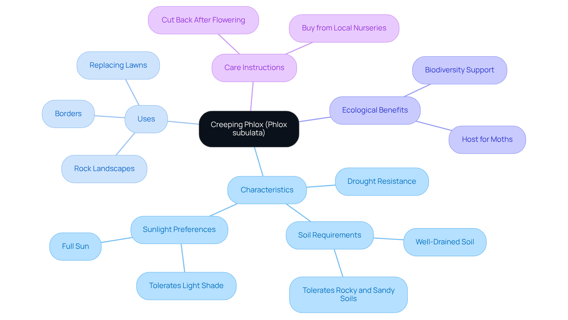 This mindmap shows the key aspects of creeping phlox. Start at the center with the plant's name, then explore its characteristics, uses, ecological benefits, and care tips by following the branches. Each color represents a different category, making it easy to see how everything connects.