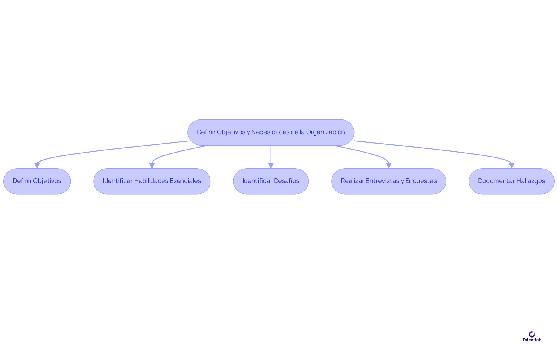 Cada cuadro representa un paso en el proceso de definir lo que la organización necesita para implementar una prueba de liderazgo efectiva. Sigue las flechas para ver cómo cada paso se conecta con el siguiente.