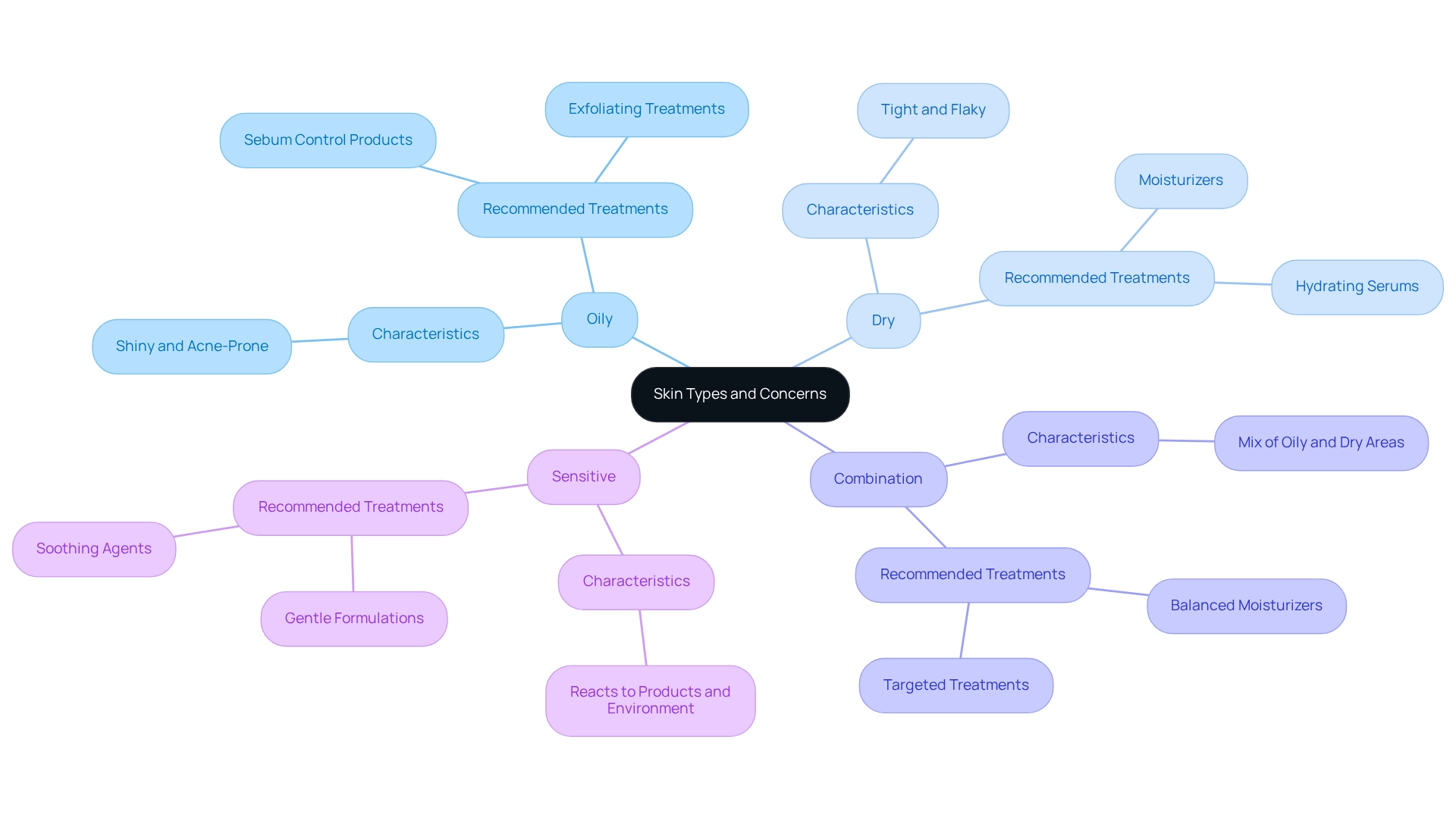 Each branch represents a specific skin type, with sub-branches detailing characteristics and recommended treatments. Colors differentiate the skin types. Each branch represents a specific skin type, with sub-branches detailing characteristics and recommended treatments. Colors differentiate the skin types.